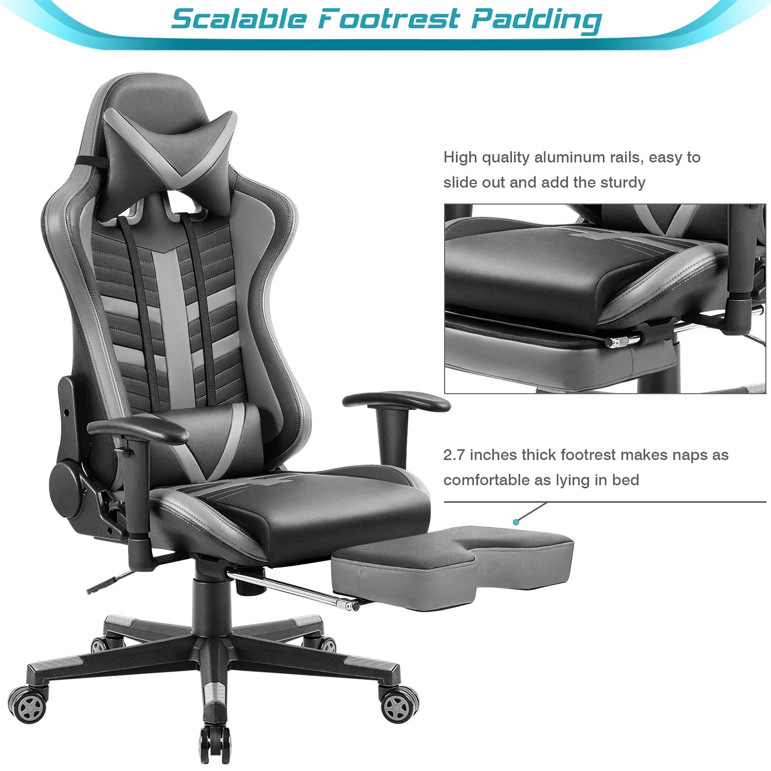 Homall Ergonomic High-Back Racing Chair | Leather Bucket Seat, Headrest, Footrest and Lumbar Support | Black & White
