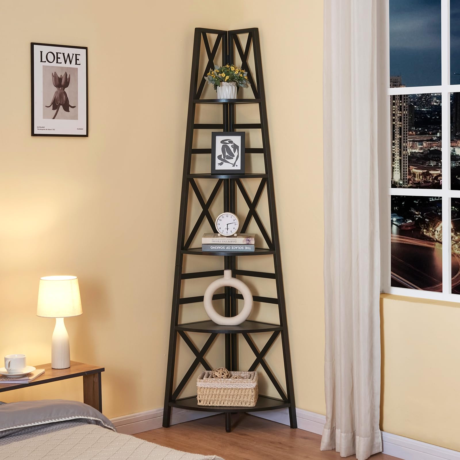 HOMBAZAAR 5-Shelf Industrial Corner Bookcase and Shelf, Standing Tall Corner Bookshelf Display Unit Storage Rack for Home Livingroom Small Space, Retro Brown Finish