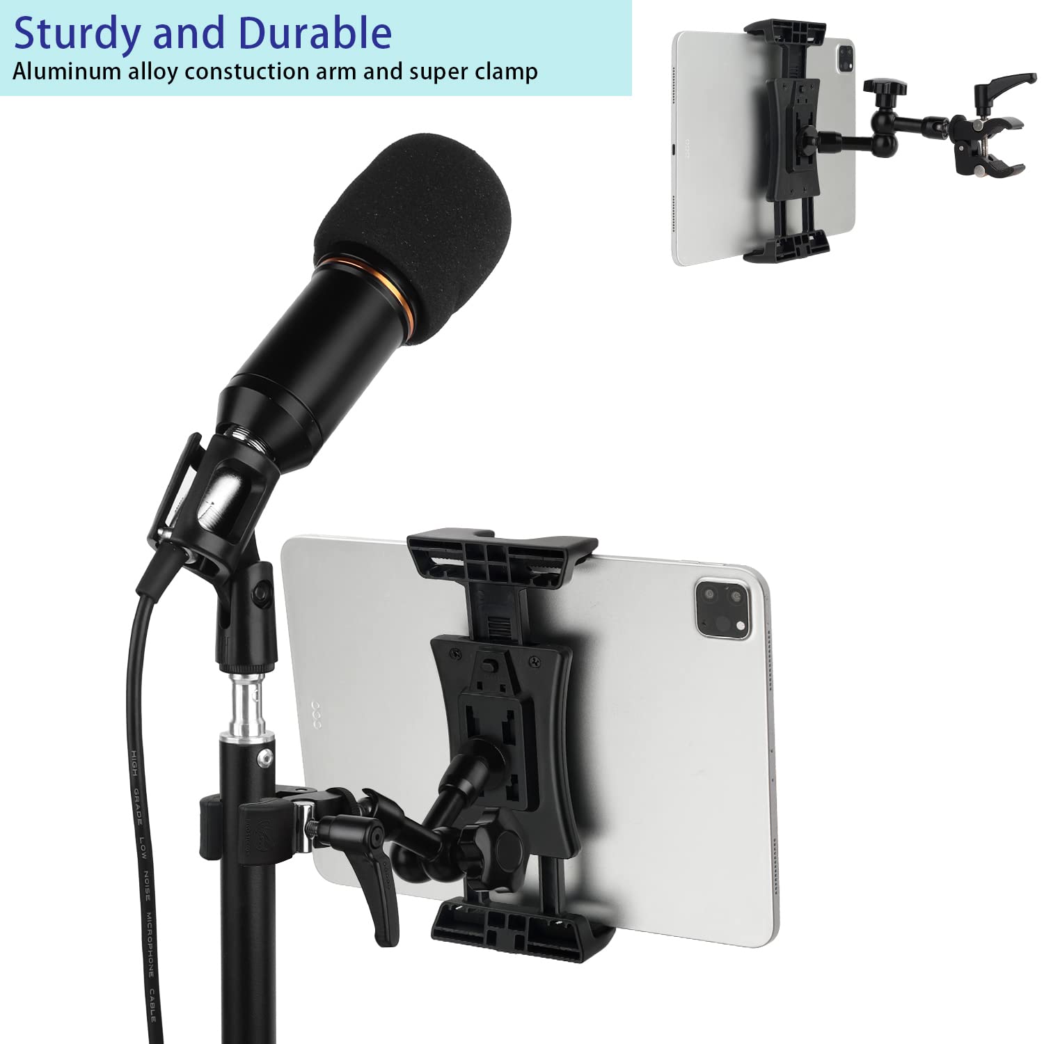 Mippko Tablet Holder for Microphone Stand and Mic Music Stand, 360° Swivel Tilt Aluminum Alloy Mount, Adjustable Clamp Fits 4.7~12.9" iPad/Nexus/LG G Pads/e-Reader/iPhone