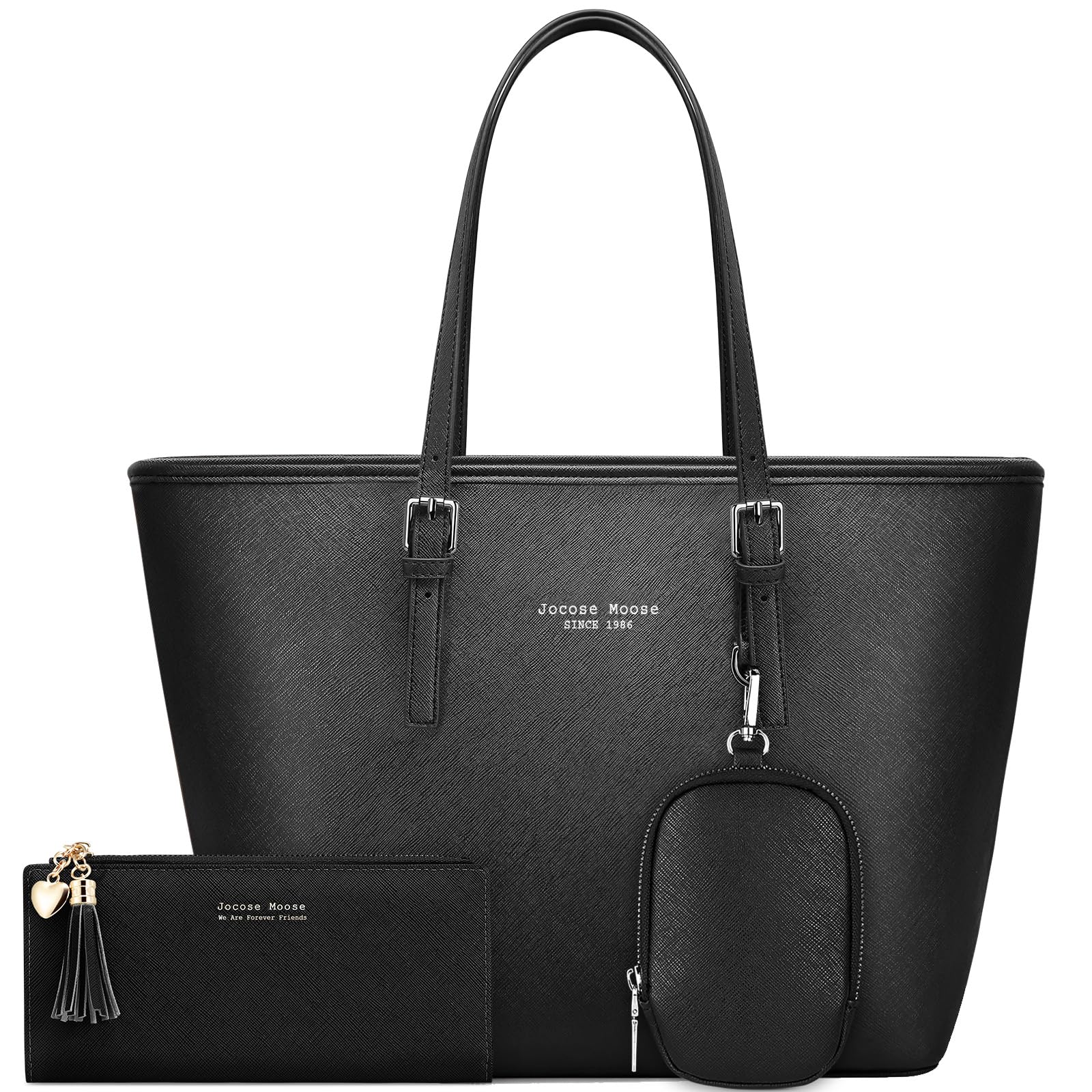 Jocose Moose Handbags for Women Wallet Tote Bag Shoulder Bag Top Handle Satchel Purse Set 3pcs(Black)