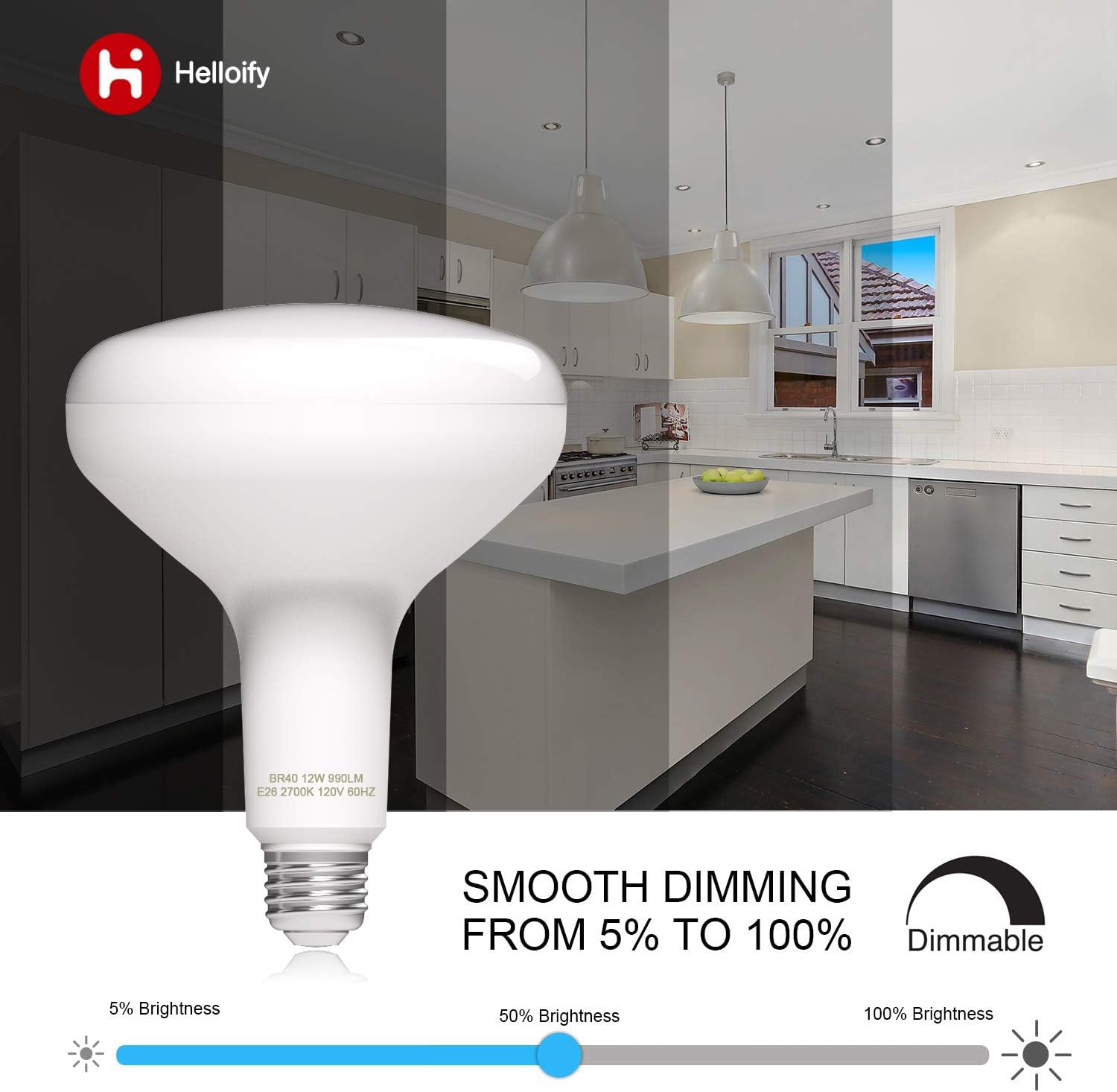 helloify Dimmable BR40 LED Flood Light Bulb 12W, 75W Equivalent, 2700K Soft White Light, Energy Saving Lamp for Office/Home, E26 Screw Base, 6PCS