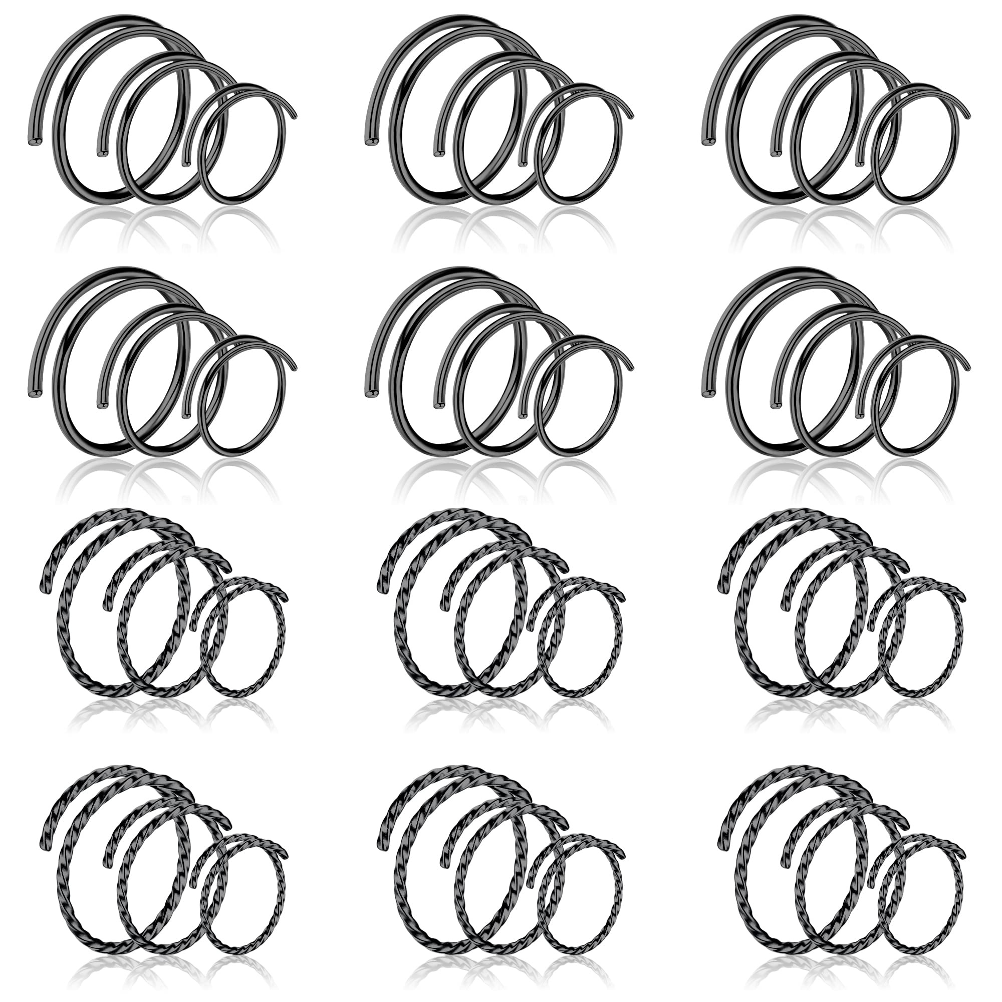 Jstyle 36Pcs Nose Rings Hoops Surgical Steel Double Spiral Nose Ring Single Pierced Nose Piercing for Women Men Black Tone