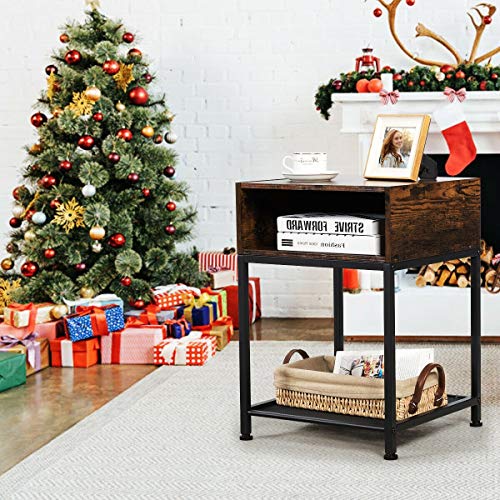 Home Office Living Room Bedroom Furniture Decor Coffee Sofa Side Bedside End Industrial Table Nightstand with mesh Shelf Rustic Brown Wood and Sturdy Steel Compact Size Easy Assembly