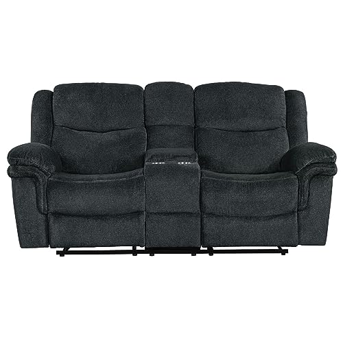 Home Theater Seating Manual Reclining Sofa with Hide-Away Storage, Cup Holders, 2 USB Ports, 2 Power Sockets for Living Room, Bedroom, Dark Blue