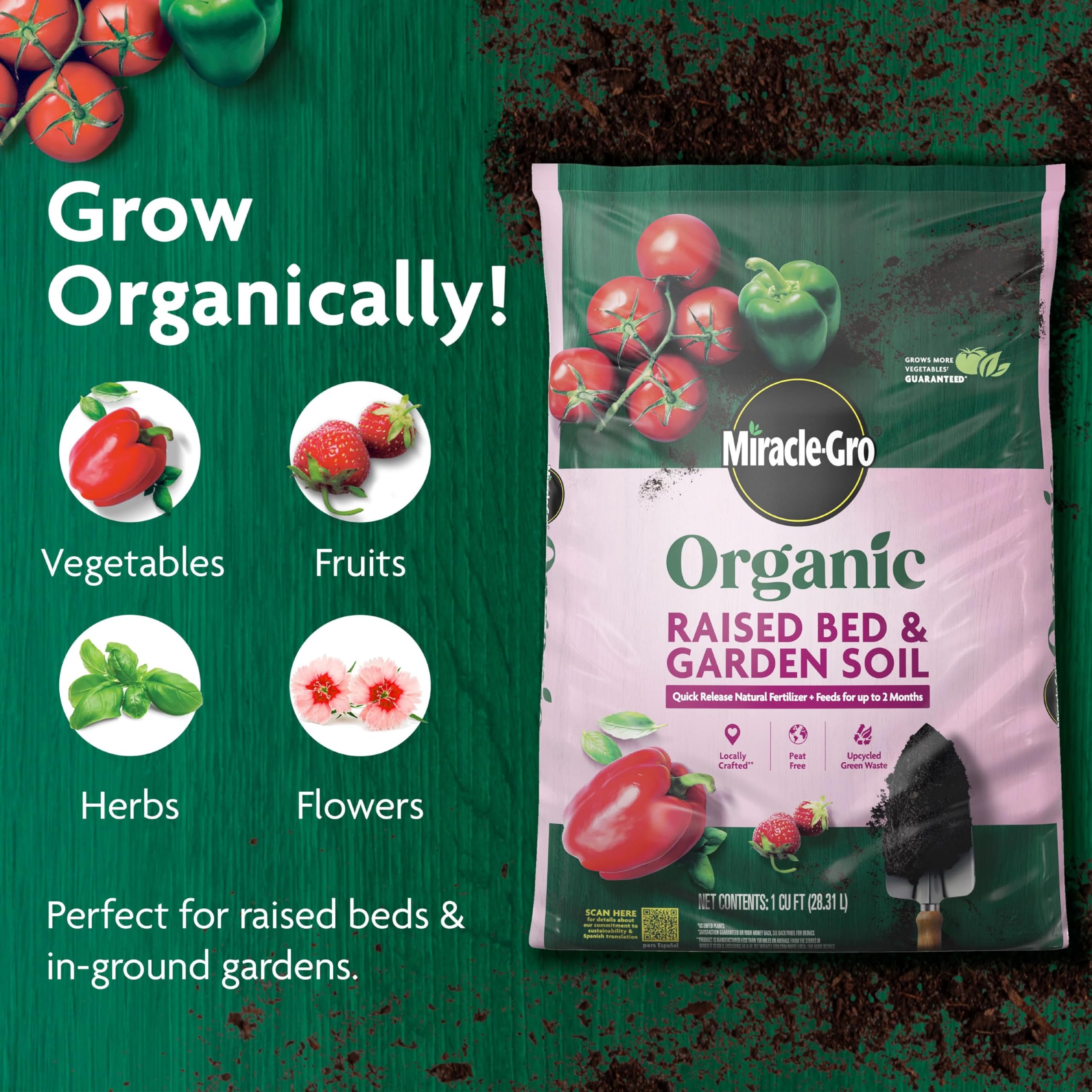 Miracle-Gro Organic Raised Bed & Garden Soil with Quick Release Natural Fertilizer, Peat Free, 1 cu. ft.