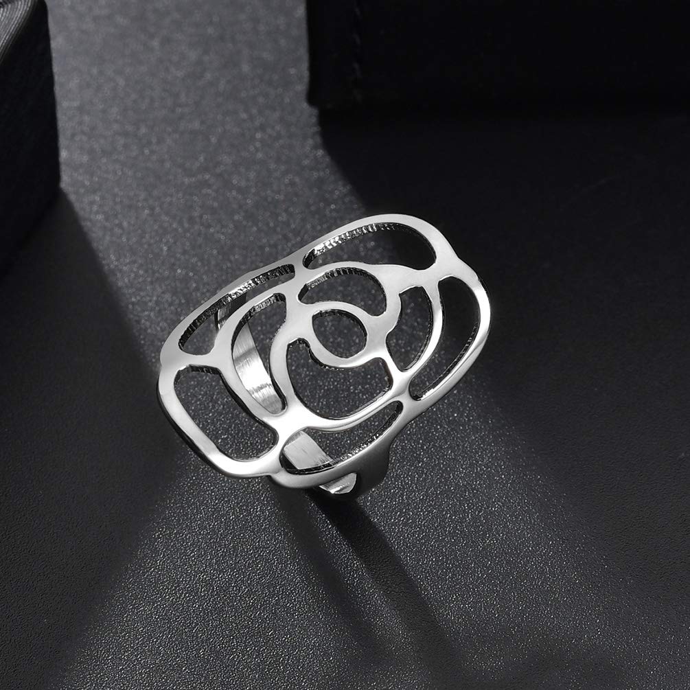 Houpotao Women's Rose Open Ring Adjustable Surgical Stainless Steel Novelty Flower Statement Ring (Rose Open Ring)