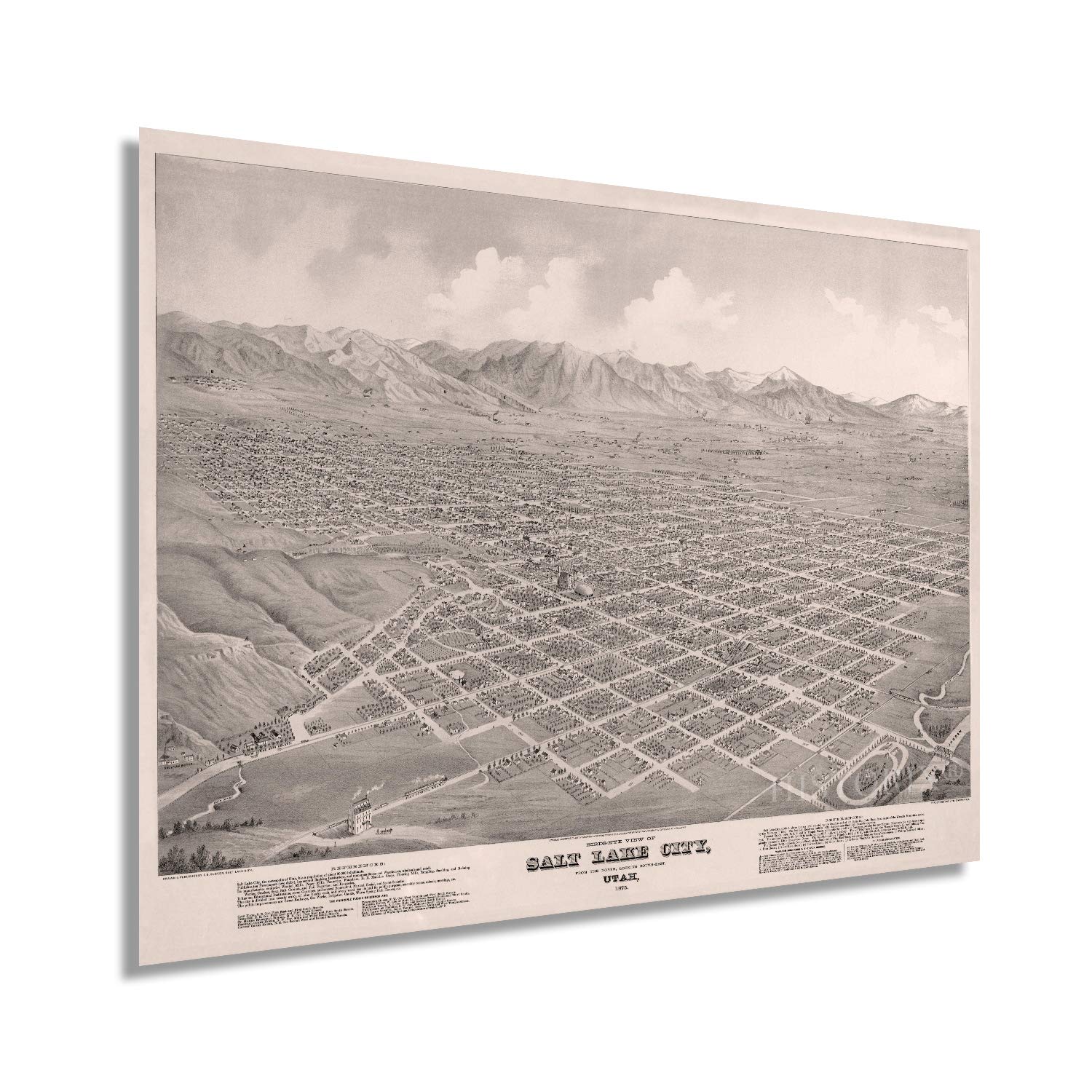 HISTORIX Vintage 1875 Salt Lake City Utah Map Poster - 18x24 Inch Vintage Map of Salt Lake City Wall Art - Panoramic View of Salt City City from the North Looking South-East Poster Print