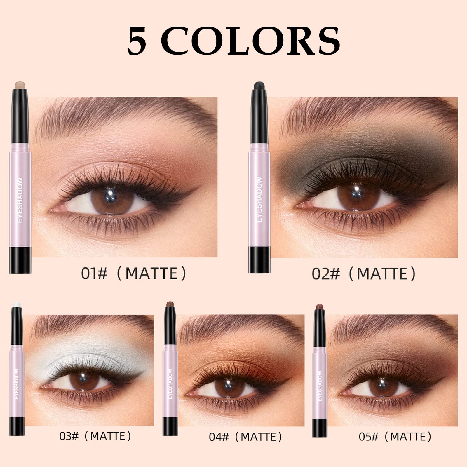 NewBang 5Pcs Matte Eyeshadow Stick Set,Neutral Brown Eye shadow Brightener Stick No Shimmer Creamy Eyeshadow Pencil Crayon,Waterproof Long Lasting Highlighter Eyeliner Eyeshadow Stick Makeup