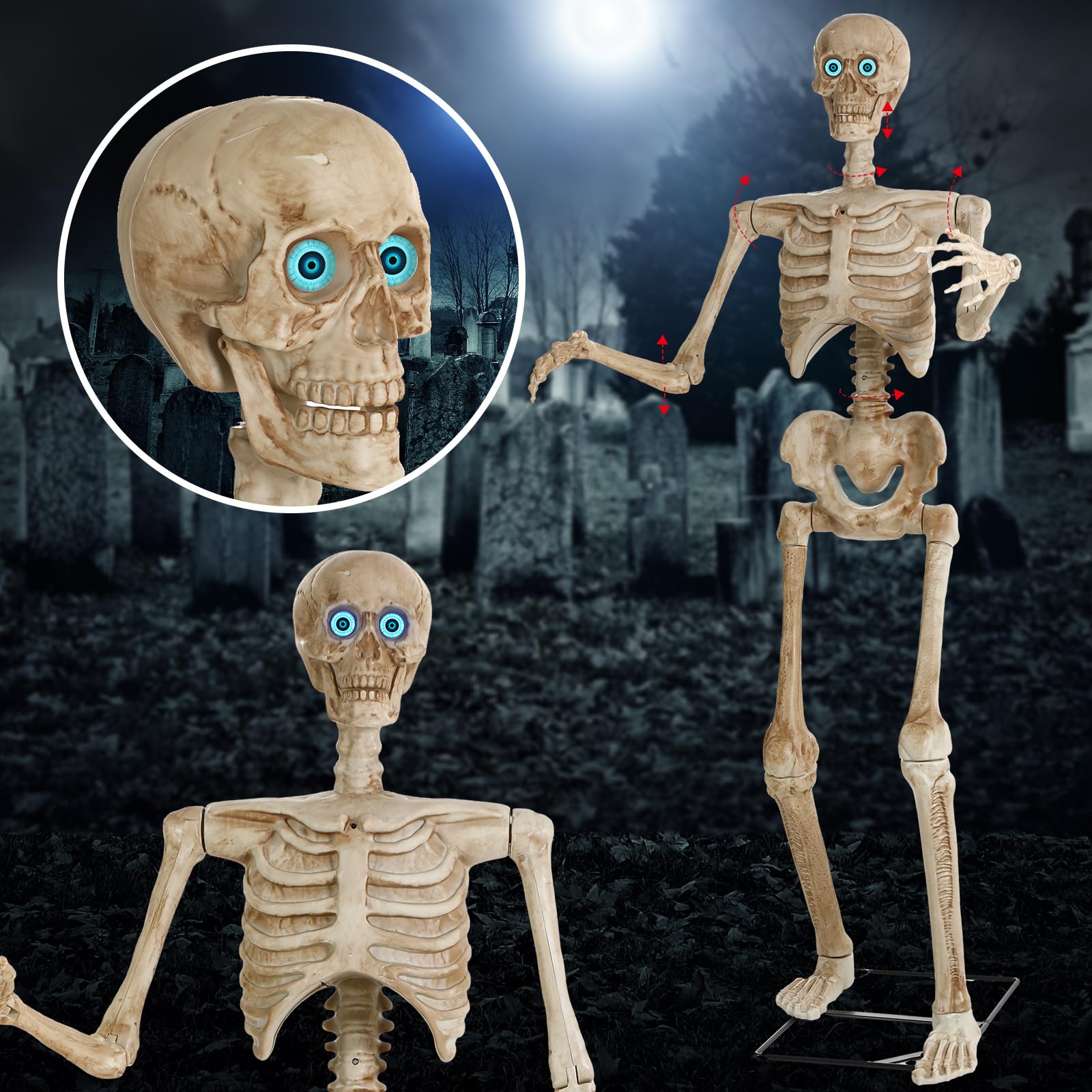 Jenaai 5.3 Ft Halloween Skeleton Decoration Skeleton Grim Animatronic Talking with Creepy Sound Effect, Full Body Posable Human Bones, LED Realistic Glowing Movable Eyeball, for Halloween Party Yard