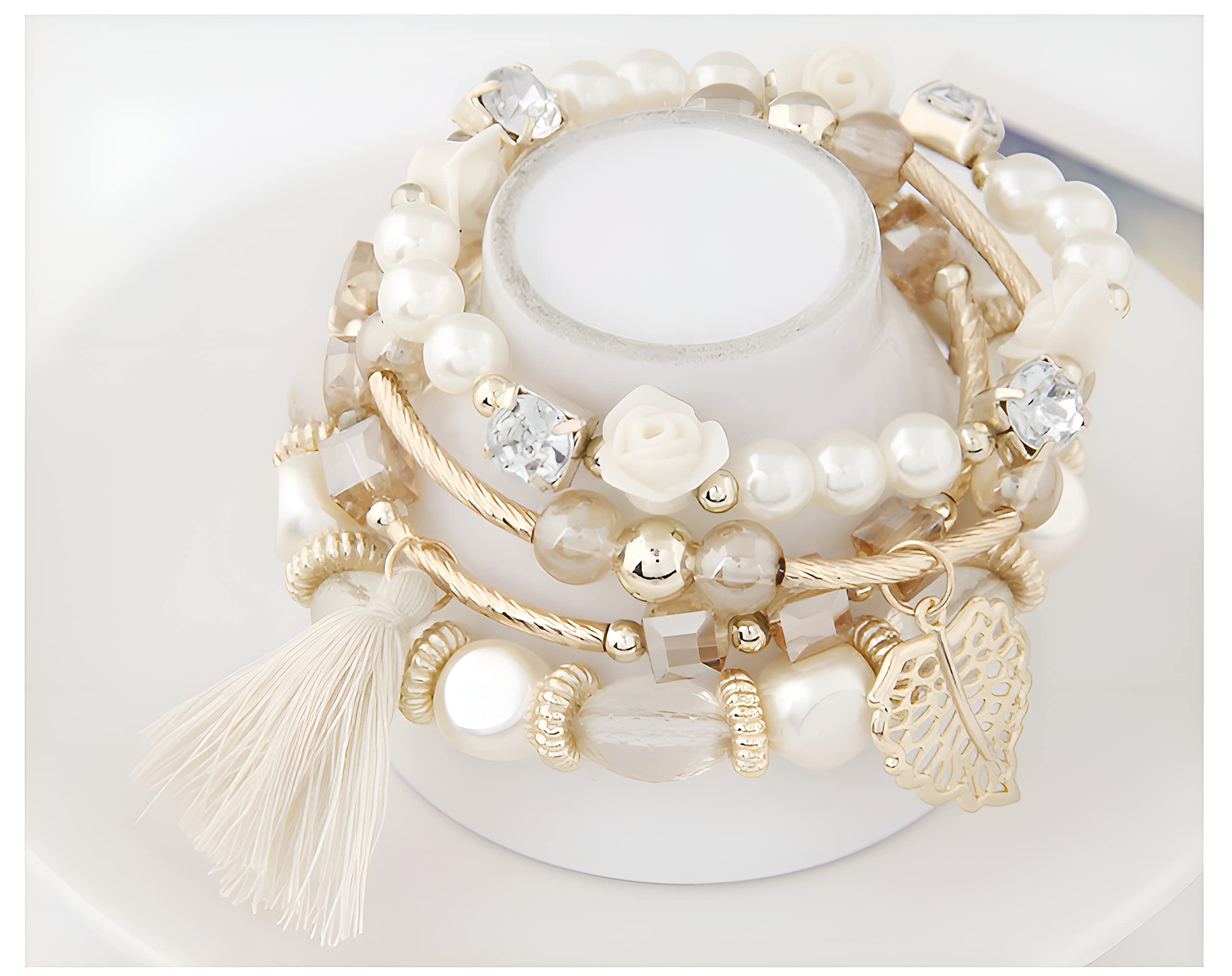 Metal Crystal Pearl Versatile Bracelet Leaf Multi layer Tassel Bracelet Bracelet Bracelet (white)