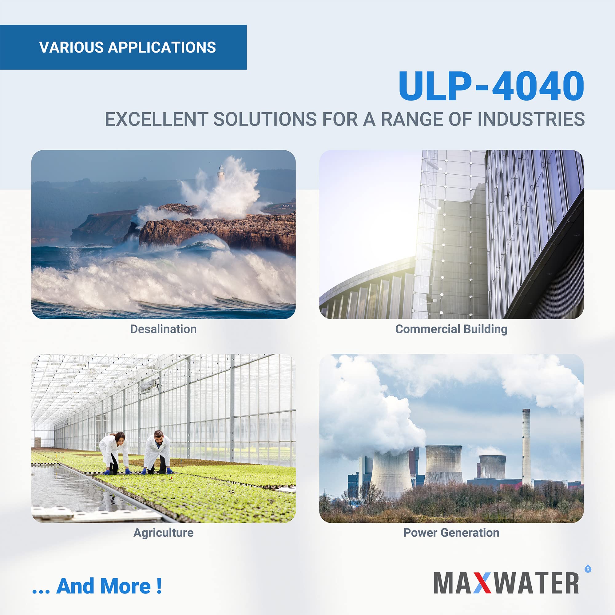 Max Water Reverse Osmosis 4040 Commercial RO Membrane (ULP-4040: 2600GPD) size 4" x 40" good for Industrial, Agricultural, Whole House & more (4)