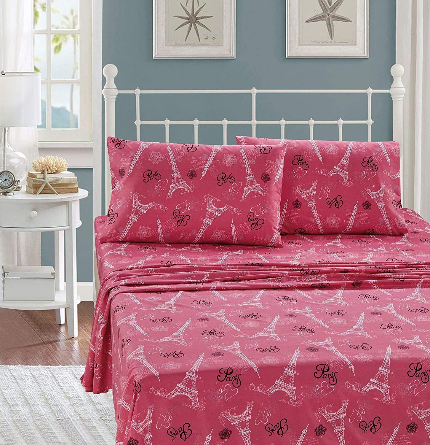Home Collection Queen Size Comforter And Sheet Set Paris Eiffel Tower Hearts Flowers for Girls/Teens White Pink Black Pink/ White New