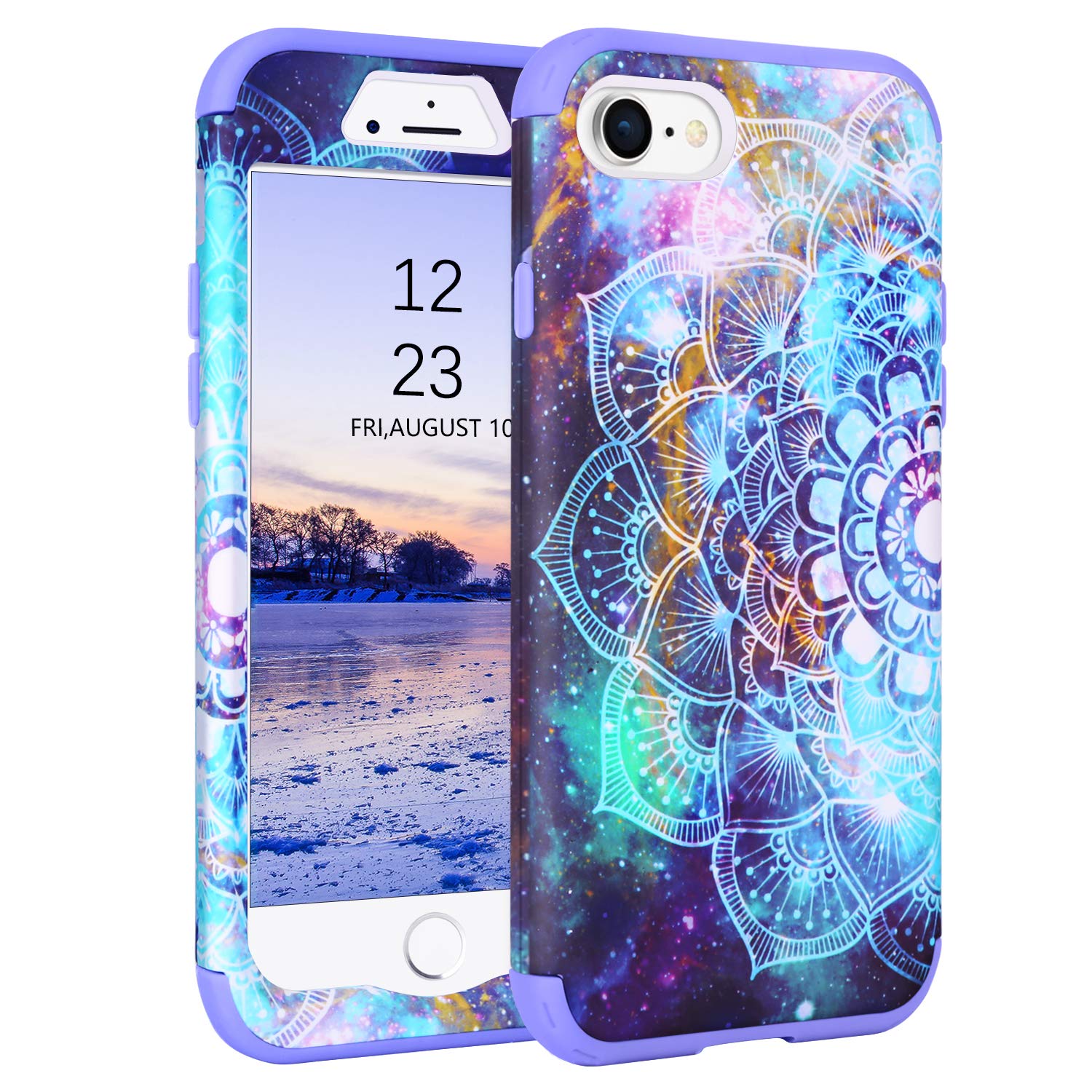 GUAGUA iPhone SE 2022/2020 Case iPhone 8 Case iPhone 7 Case Mandala Flowers Stars Space Nebula Hybrid 3 in 1 Hard PC Soft TPU Cover Bumper Shockproof Case for iPhone 8/7/, SE 3rd/2nd, Purple