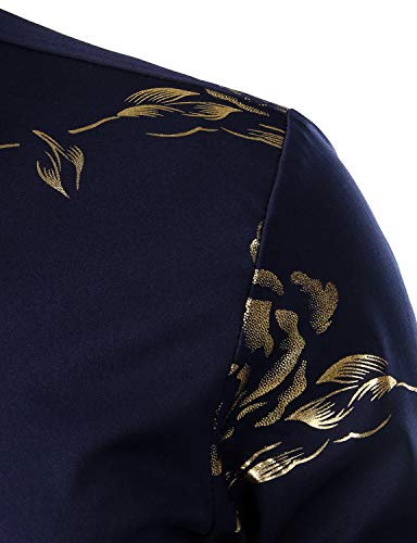 ZEROYAA Men's 3D Golden Rose Printed Slim Fit Long Sleeve Button Down Floral Dress Shirts ZZCL30 Navy Blue Small