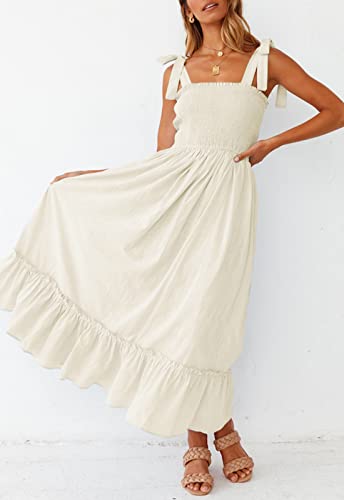ZESICA Women's 2023 Summer Boho Spaghetti Strap Square Neck Solid Color Ruffle A Line Beach Long Maxi Dress,Apricot,Small