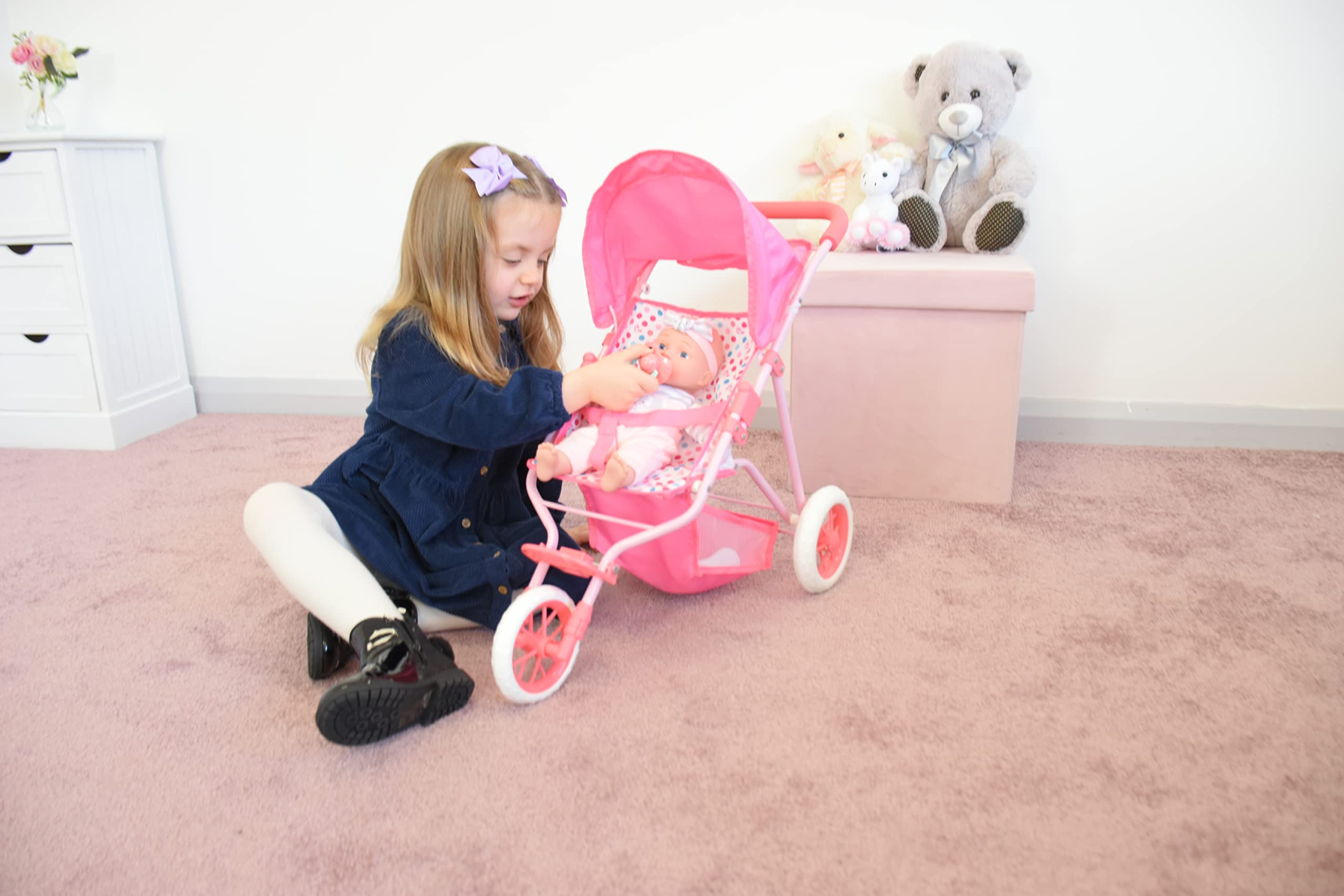 KOOKAMUNGA KIDS Baby Doll Stroller - Foldable Baby Stroller for Dolls - Play Stroller & Jogger w/Retractable Canopy Doll Footrest and Soft Grip Handle - Ideal for Baby Dolls up to 18" - Pink Unicorn