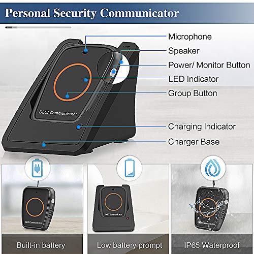 Hosmart Wireless Two-Way Conversation Caregiver Pager for Elderly Senior, Personal Alert Alarm,Call Button for Home Safety (Black)