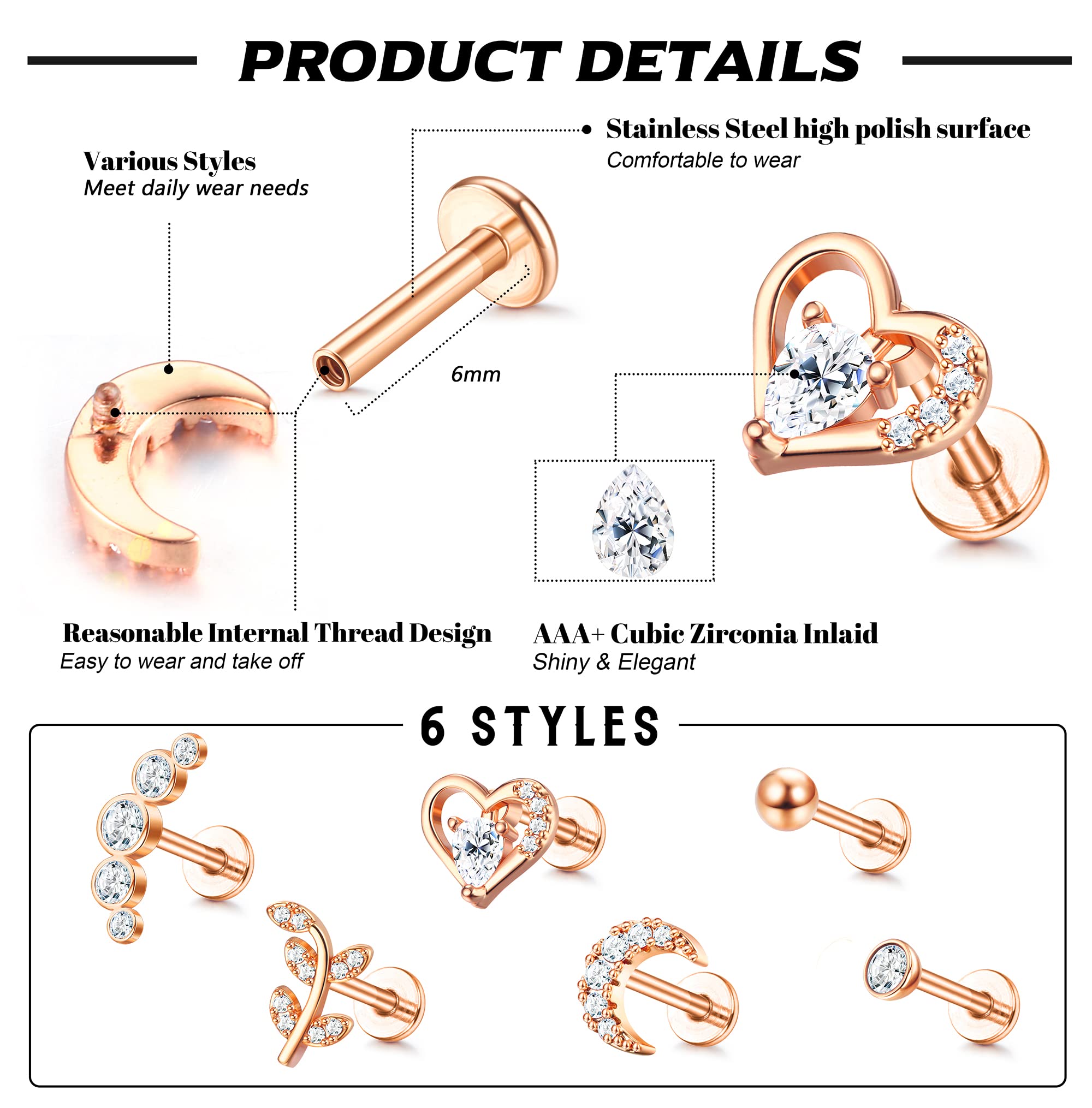 Jstyle 6Pcs Cartilage Earrings Stud Internally Threaded CZ Moon Heart Leaf Helix Tragus Conch Labret Monroe Lip Piercing Jewelry 16G RG6