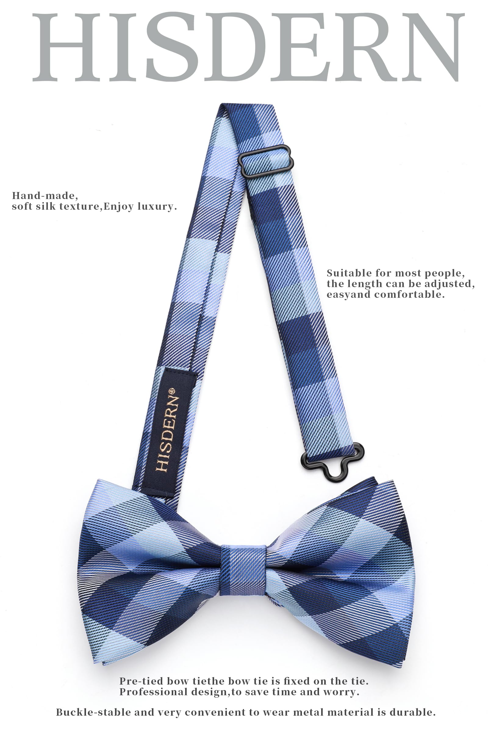 HISDERN Bow Ties for Men Plaid Blue Mens Bowtie Pretied Classic Satin Formal Business Bow Tie Adjustable Tuxedo Bowties for Wedding Party