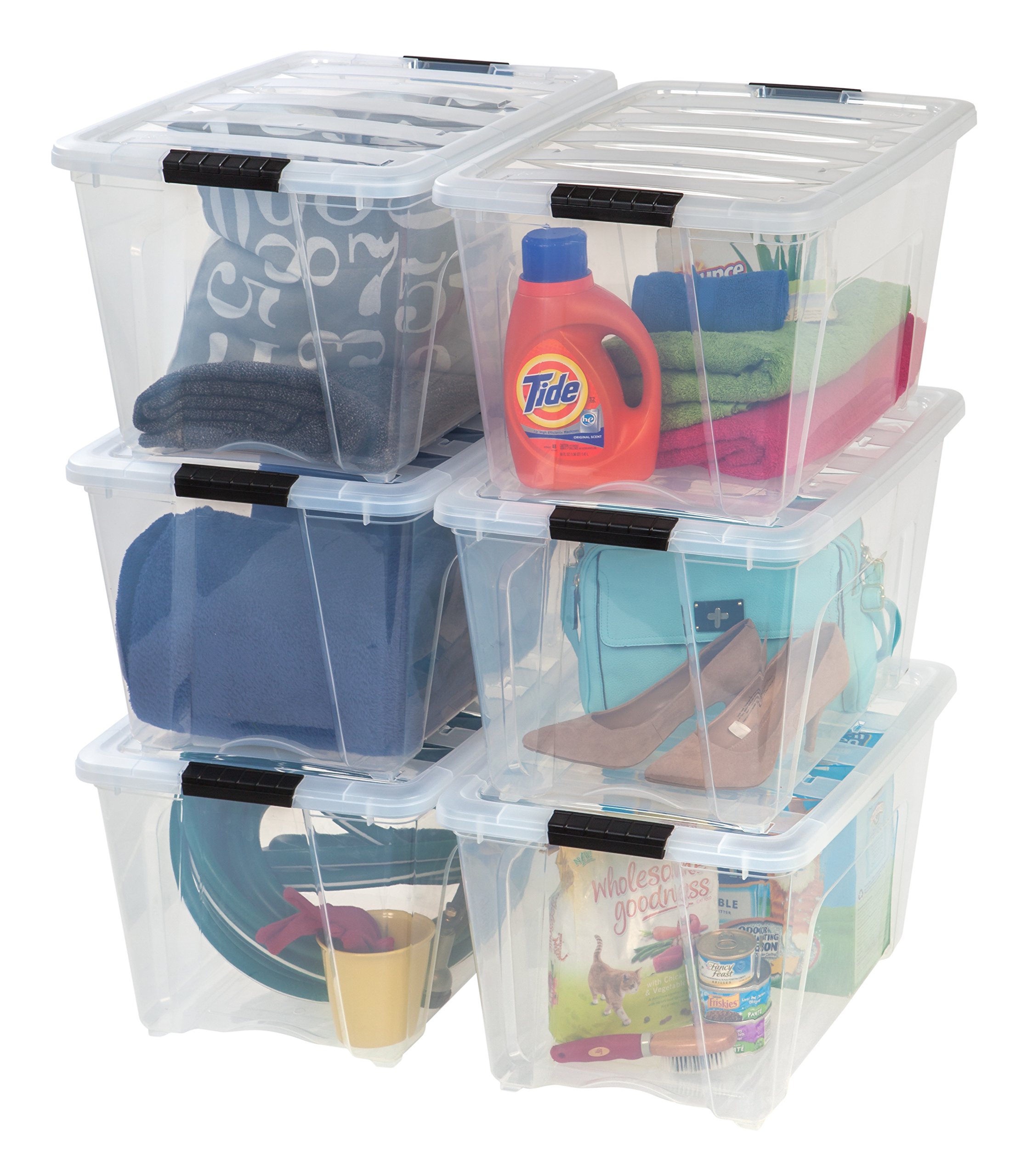 IRIS USA 30.6 Quart WEATHERPRO Plastic Storage Box, 6 Pack & Plastic Storage Container Bin with Secure Lid and Latching Buckles, 6 pack - Clear