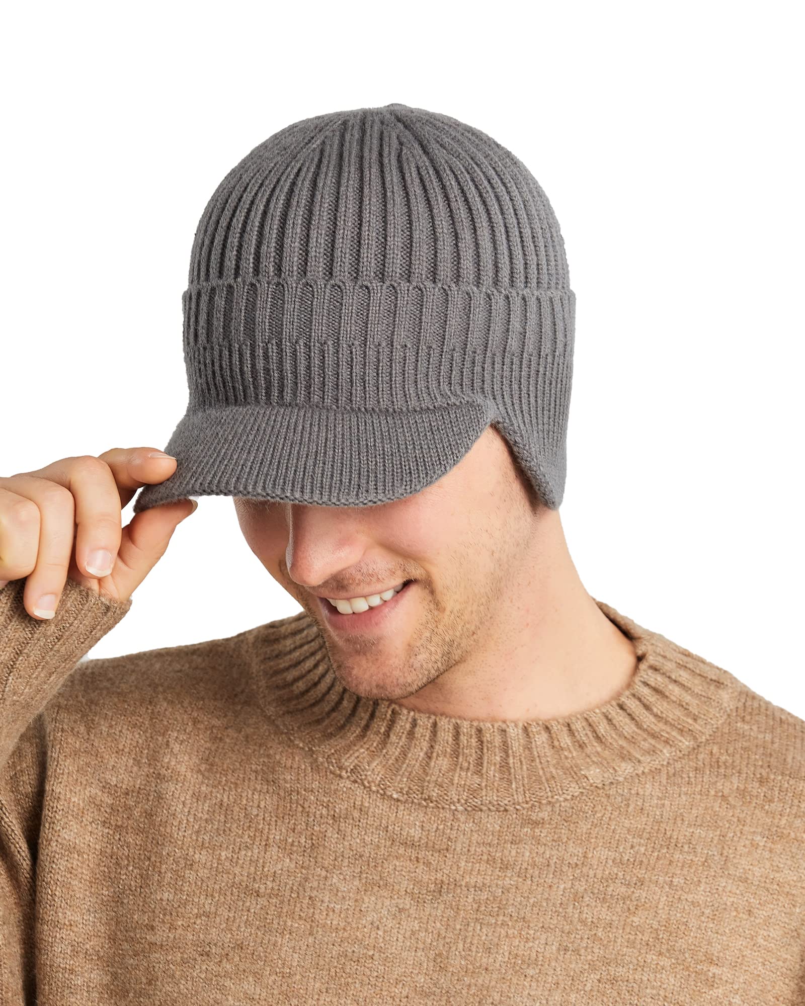 Koreshion Men's Winter Visor Beanie Hat with Earflaps Knit Baseball Cap with Brim Ski Hat Warm Fleece Lined Hunting Hat Grey