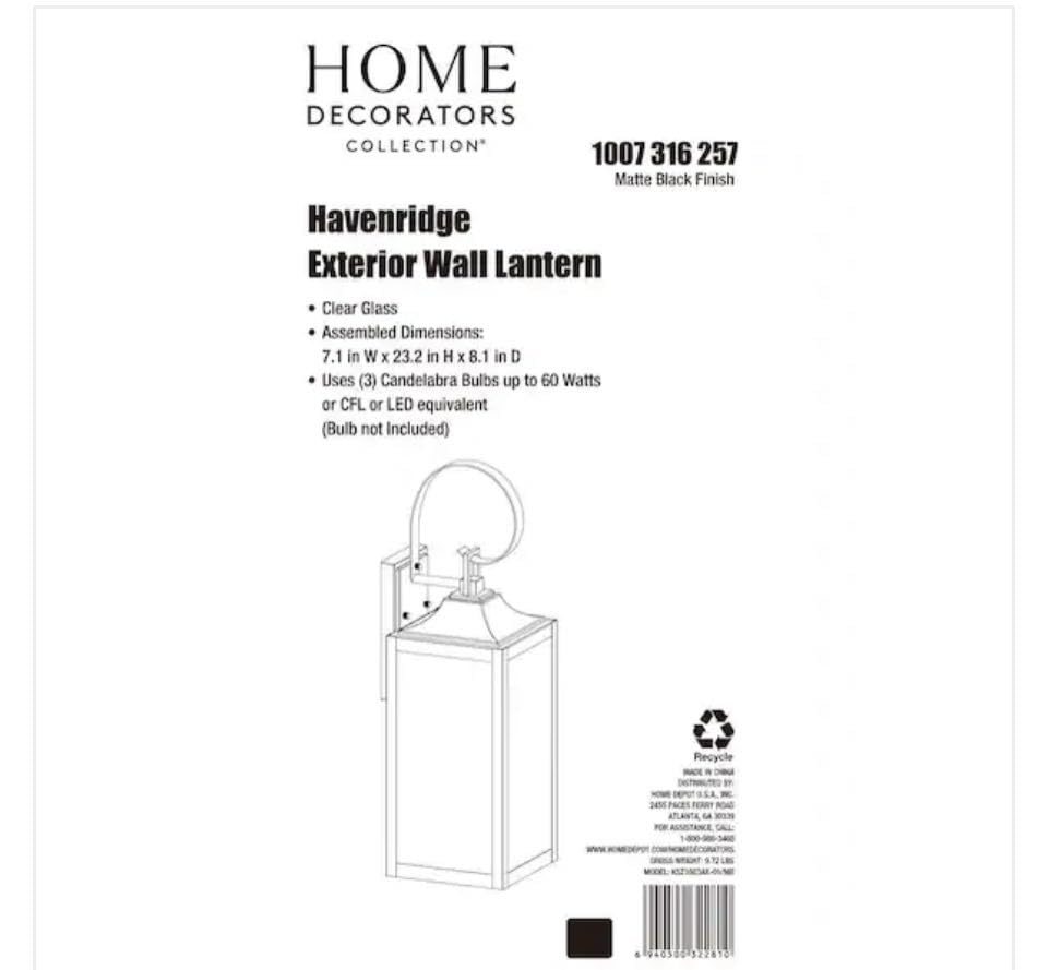 Home Decorators Havenridge 3-Light Matte Black Hardwired Outdoor Wall Lantern Sconce with Clear Glass