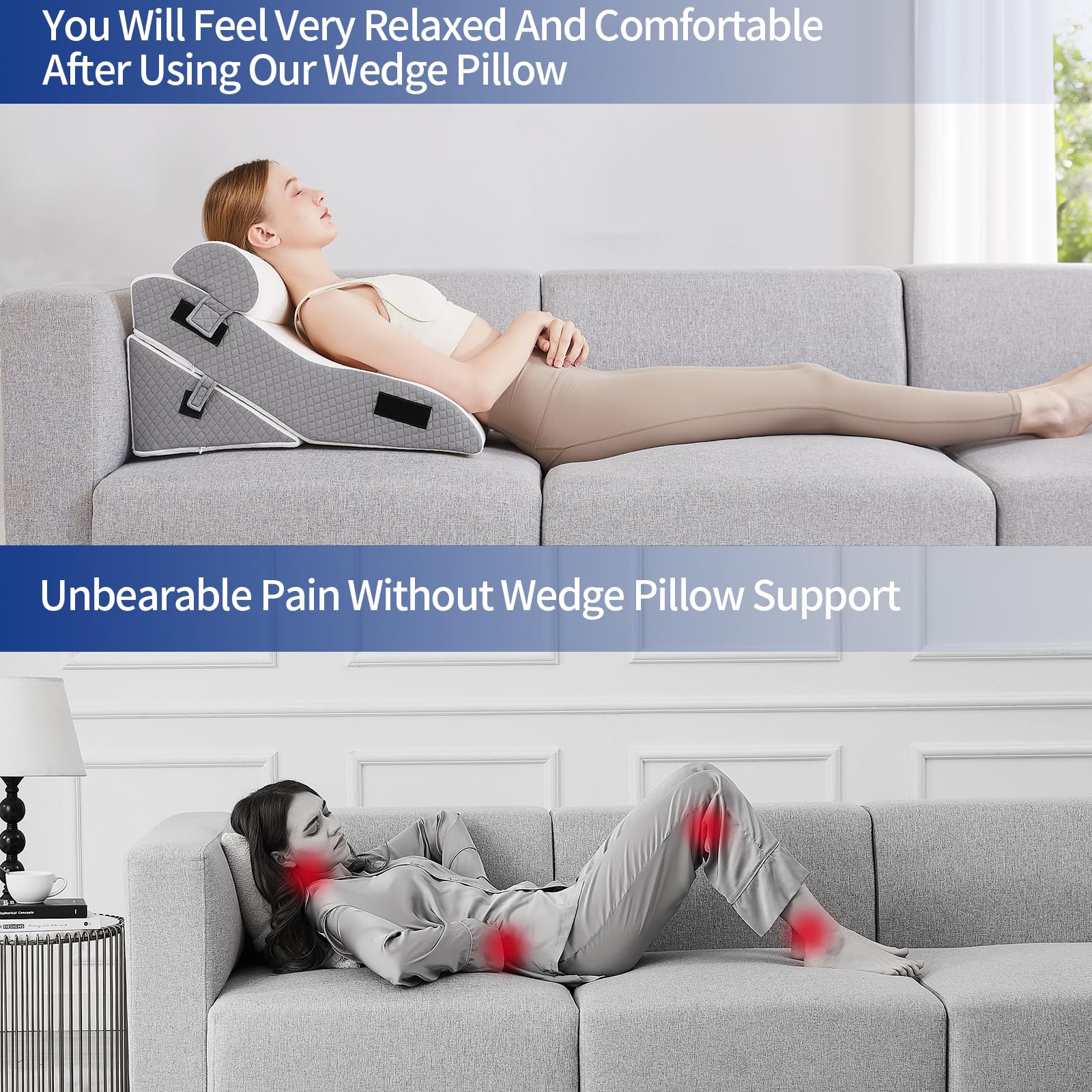 Homemate 3 PCS Upgraded Orthopedic Bed Wedge Pillow Set - Post Surgery Foam Pillow for Back, Leg and Knee Pain Relief,Adjustable 16.5" Wide Triangle Pillow for Sleeping Acid Reflux & GERD & Snoring