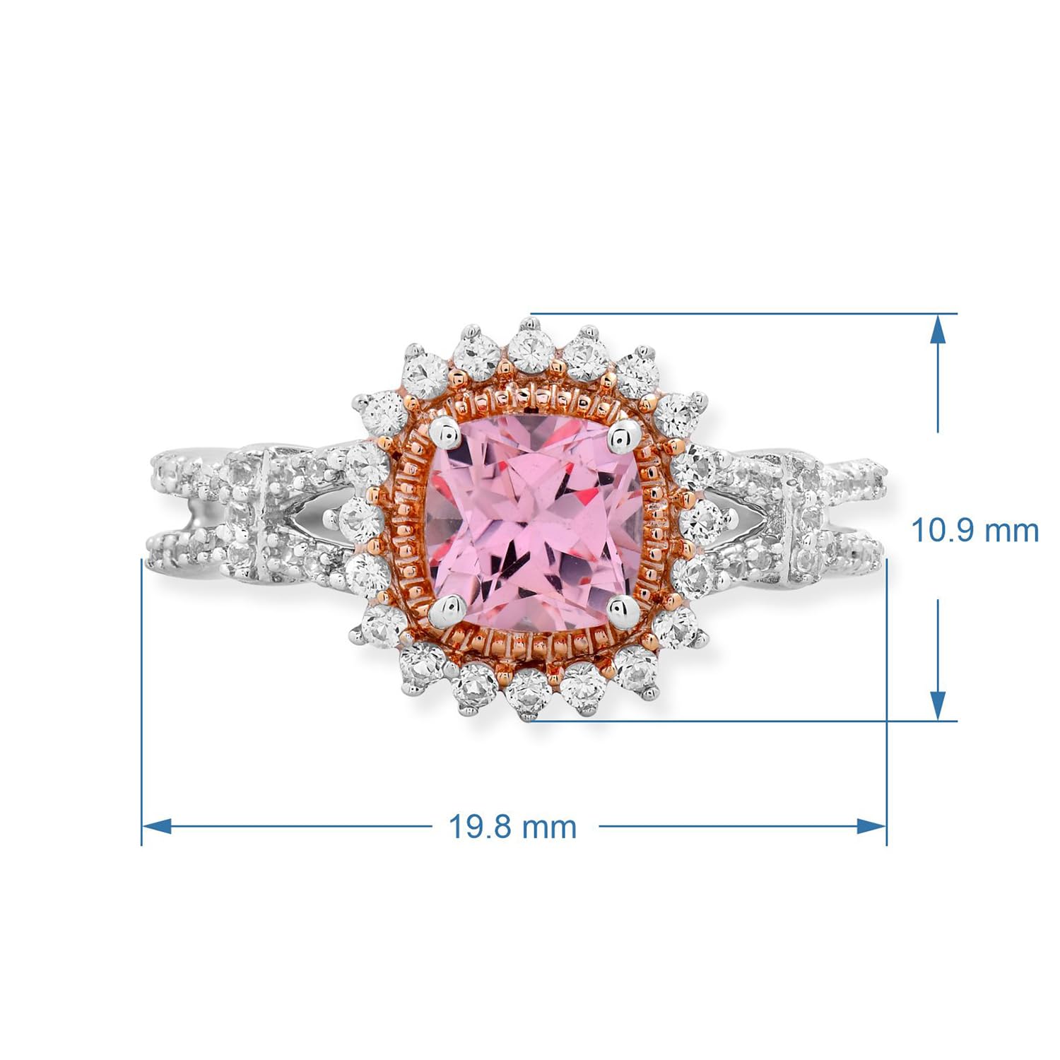 Jewelili Rose Gold Over Sterling Silver 6x6 MM Cushion Cut Created Morganite and Created Round White Sapphire Halo Engagement Ring, Size 7