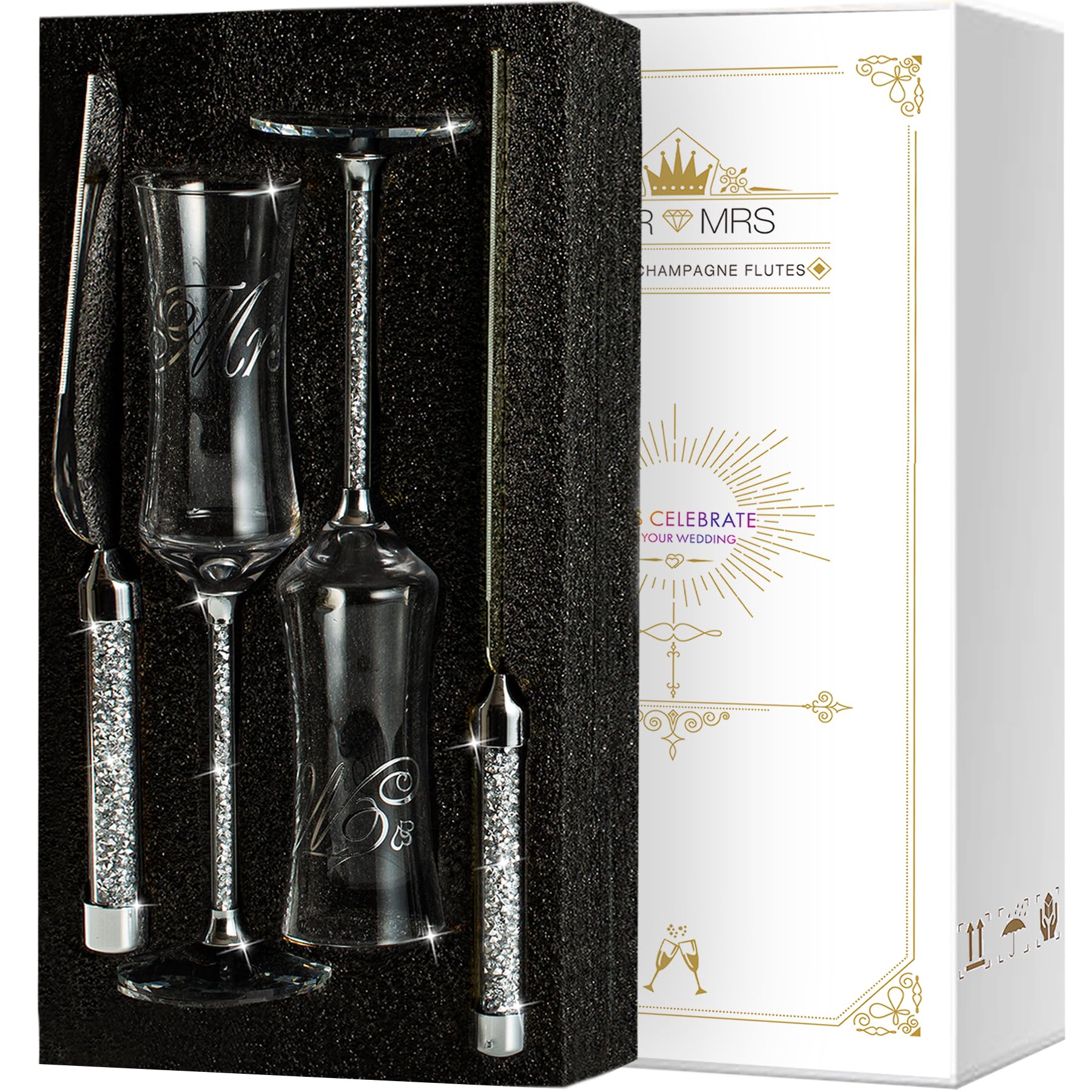 iooiluxry Wedding Champagne Flutes and Cake knife Server Set, Mr and Mrs Champagne Flutes, Bride and Groom Champagne Glasses and Cake Cutting set for Wedding Gifts
