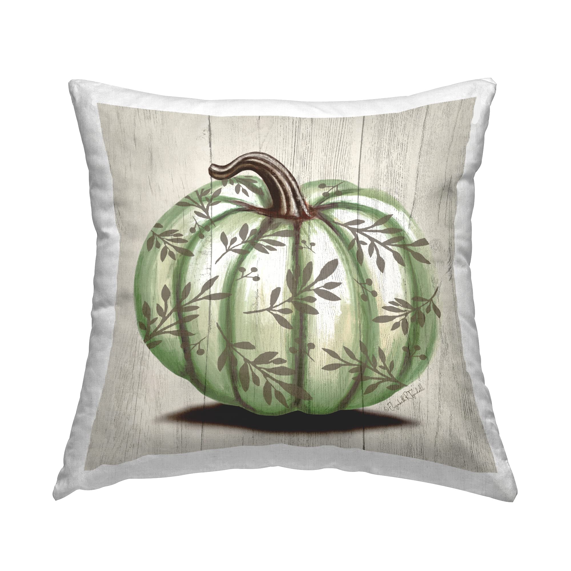Stupell Industries Green Autumnal Pumpkin Botanical Leaf Pattern Design by Elizabeth Tyndall Throw Pillow, 18 x 18