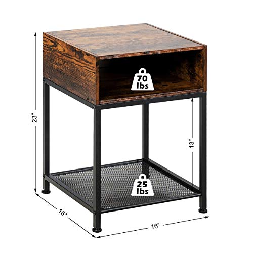 Home Office Living Room Bedroom Furniture Decor Coffee Sofa Side Bedside End Industrial Table Nightstand with mesh Shelf Rustic Brown Wood and Sturdy Steel Compact Size Easy Assembly