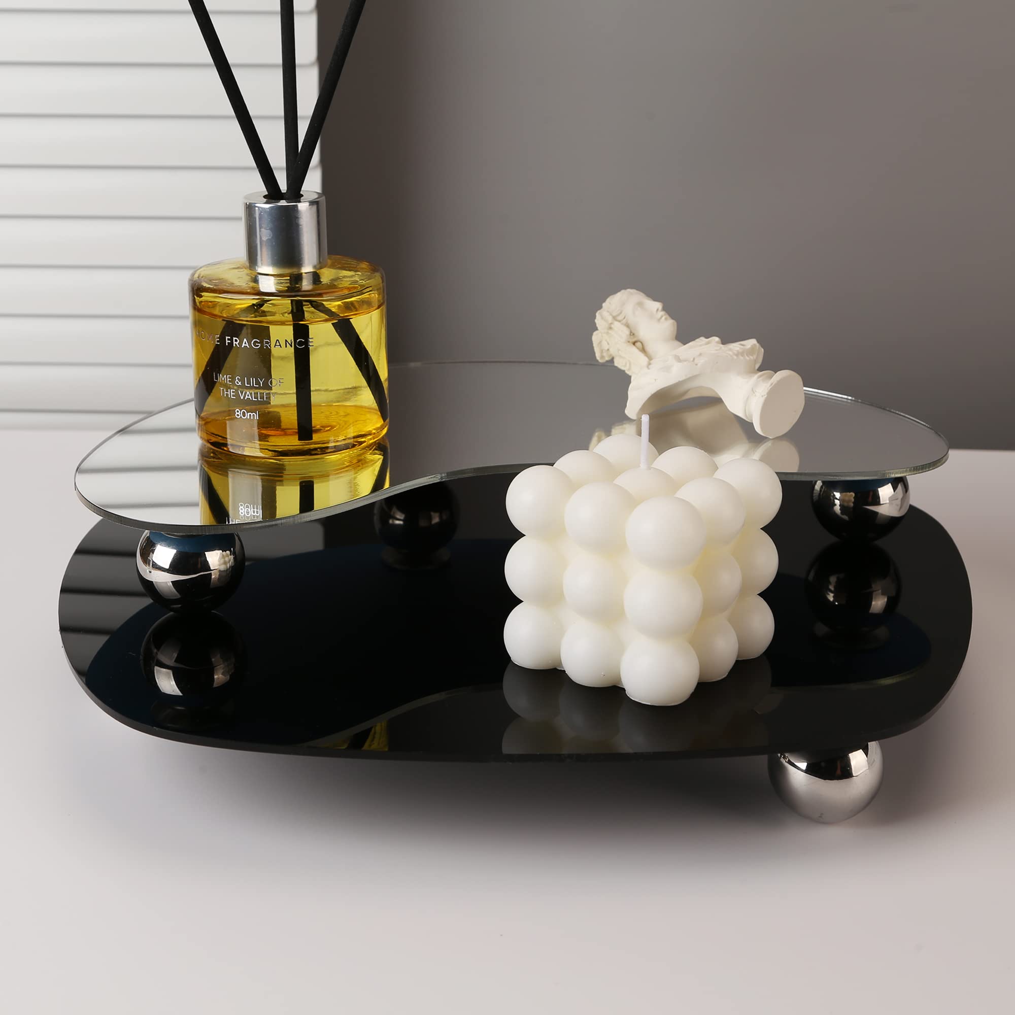 Irregular Acrylic Tray Set, Each Set Contains 1 Black Tray and 1 Silver Tray, Each Tray has 3 Stainless Steel Ball feet, Jewelry Tray, Cosmetics Tray,Aroma Oil Tray,Perfume Tray,Snack Tray