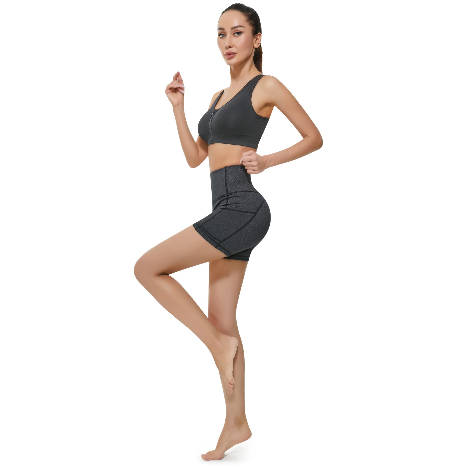 KKB Women's 8''/5'' High Waist Active Wear Shorts Yoga Leggings, Tummy Control Workout Shorts Side Pockets Running Pants (Medium, 8"-Charcoal)