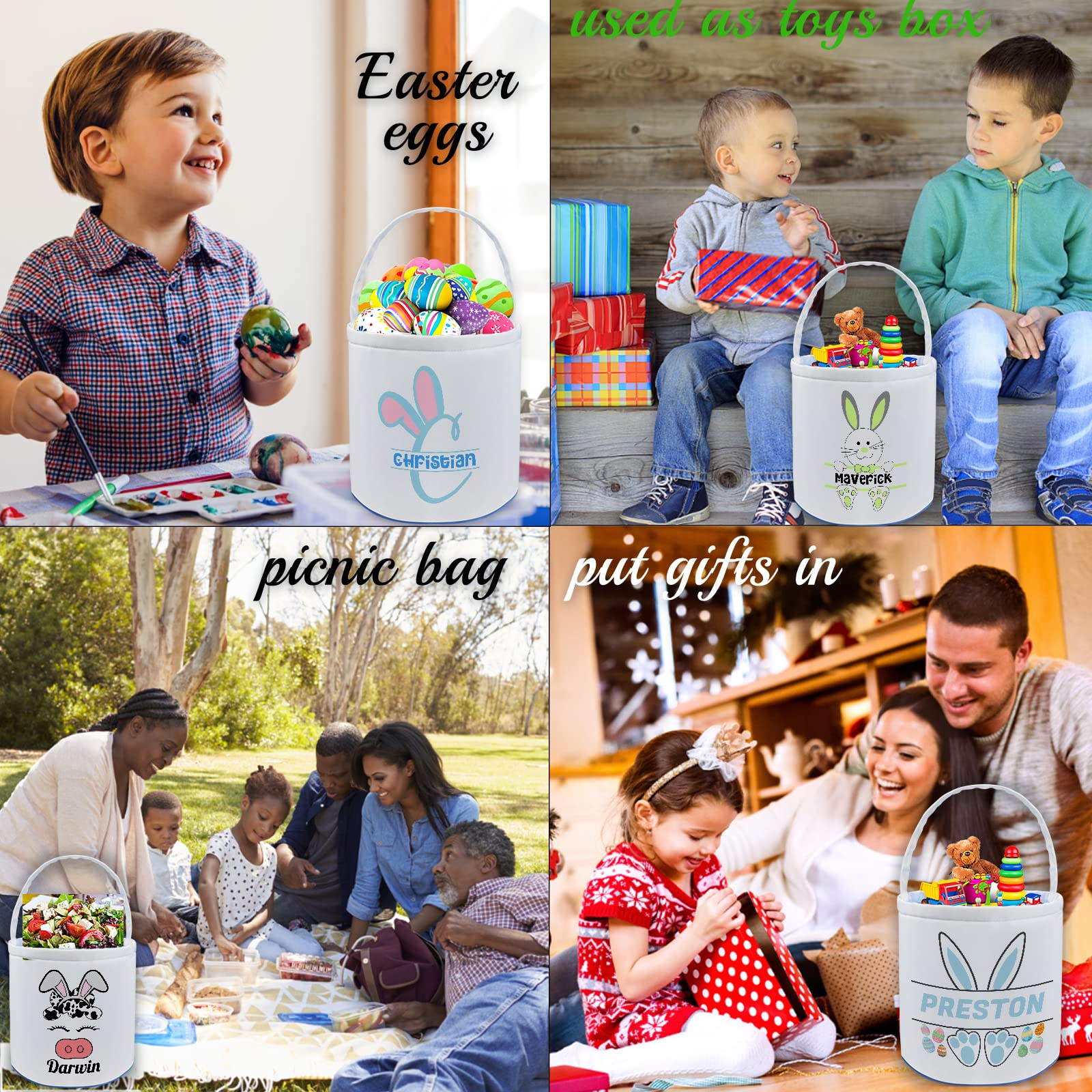 Personalized Buny Easter Basket with Name Custom Canvas Eggs Hunt Baskets for Candy Customized Tote Gift Bags for Boys Girls