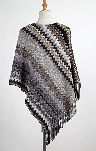StylesILove Women Autumn Winter Knitted Zig-Zag Pullover Fringe Poncho Sweater Soft Wrap Cape Lightweight Shawl (Black)