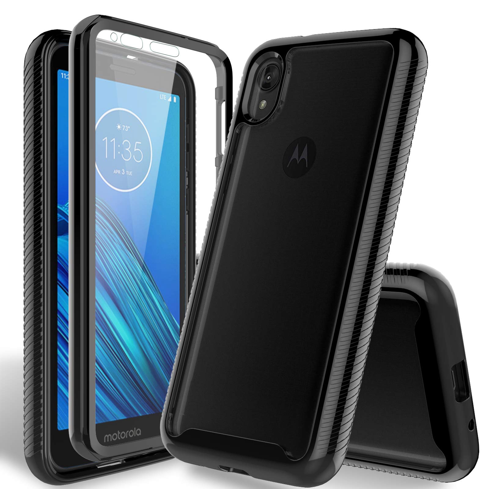 HATOSHI Motorola Moto E6 Case with Built-in Screen Protector, Heavy Duty Protection Crystal Clear Back Shockproof Rubber Bumper Protective Phone Case Cover for Moto E6 5.5 inches -Black