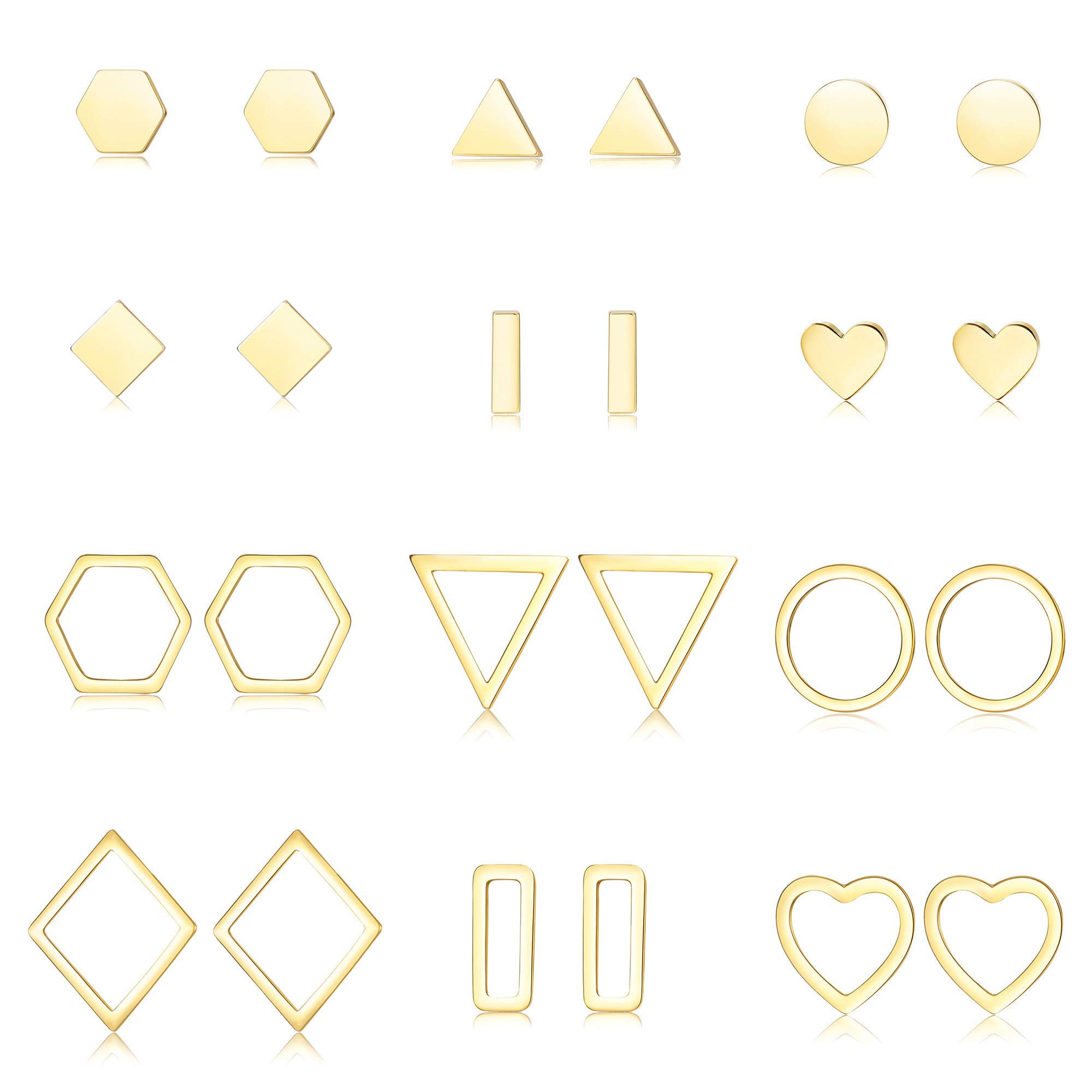 JOERICA Gold Tone Geometric Minimalist Stud Earrings for Women Simple Rhombus Hexagon Triangle Bar Heart Circle Earrings Set