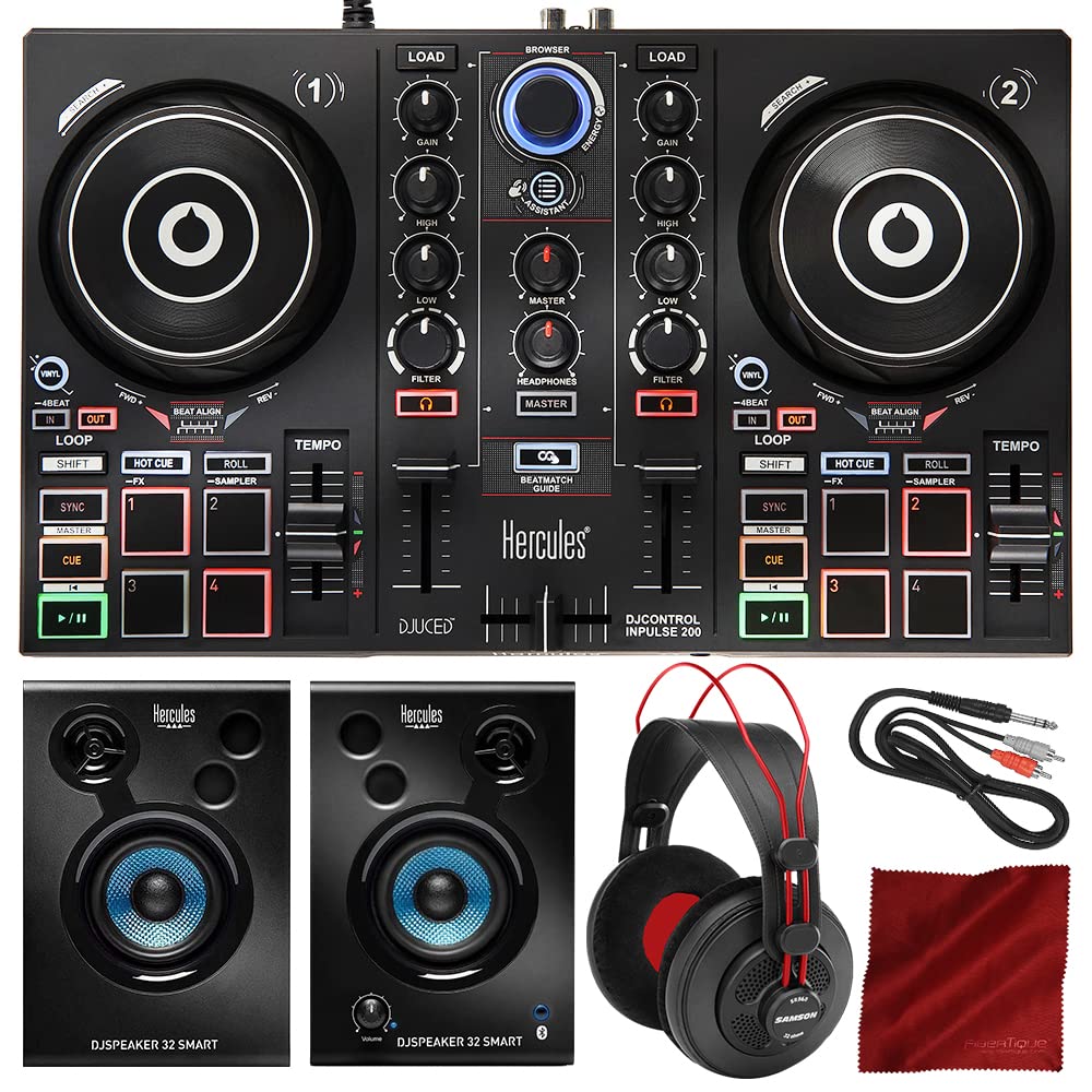 Hercules DJControl Inpulse 200 Compact DJ Controller + Monitors + Deluxe Accessory Bundle