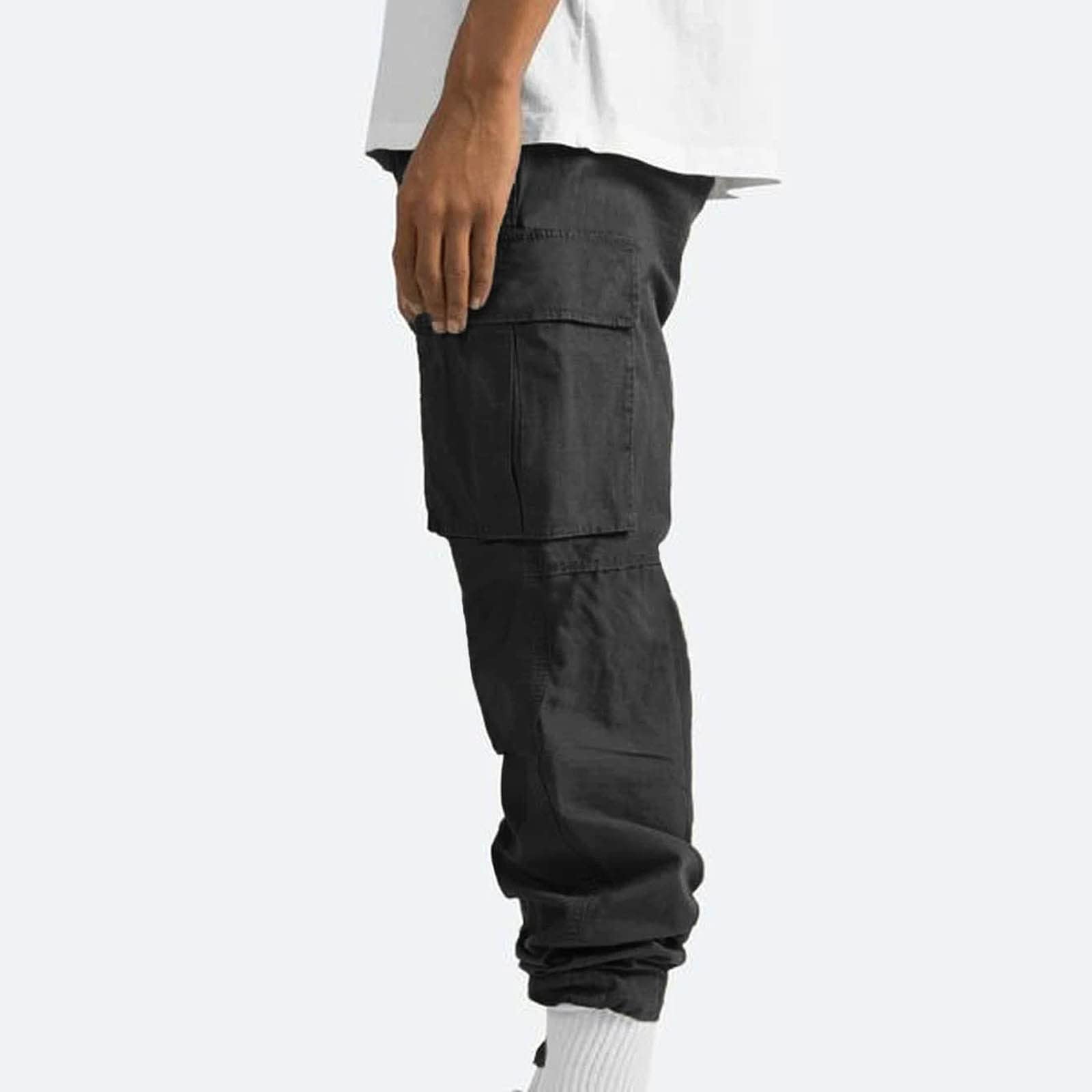 Mens Cargo Pants Plus Size Casual Outdoor Gym Pants with Pockets Solid Color Drawstring Trousers Streetwear