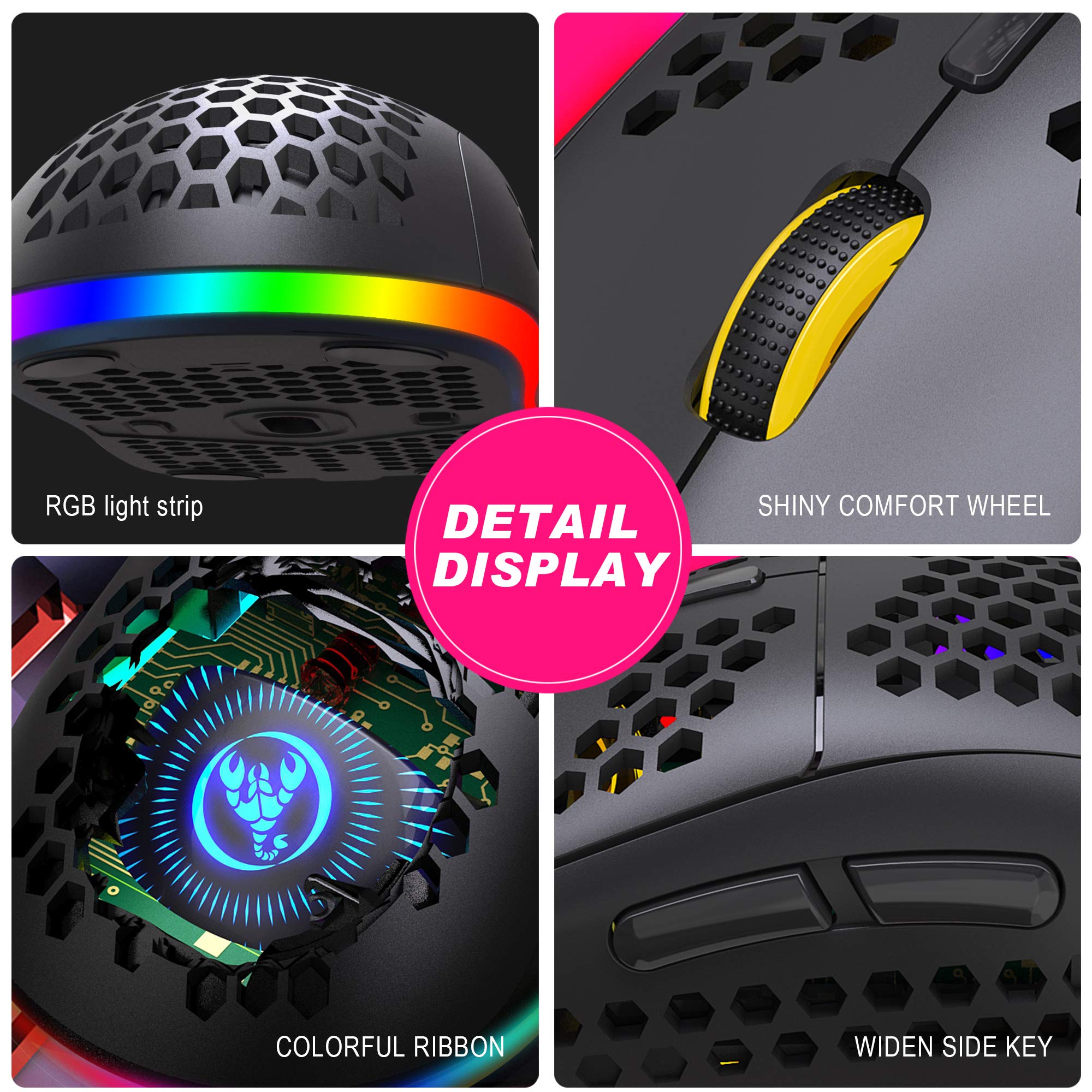 HXSJ Wireless Light Gaming Mice, Three-Mode 2.4G and Bluetooth Mouse Ultra-Light Honeycomb Shell Mouse, RGB Backlight,6 Buttons, Adjustable 3600 DPI,USB Receiver,Ergonomic Mouse for PC Gamers Black