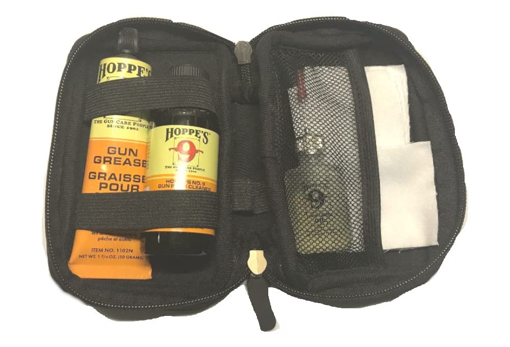 Gun Bore Cleaner, Precision Lubricating Oil, & Gun Grease with 50 Patches and Protective Carry Case for .38, 9mm, 40, 44 and .45 Caliber Handguns/Pistols