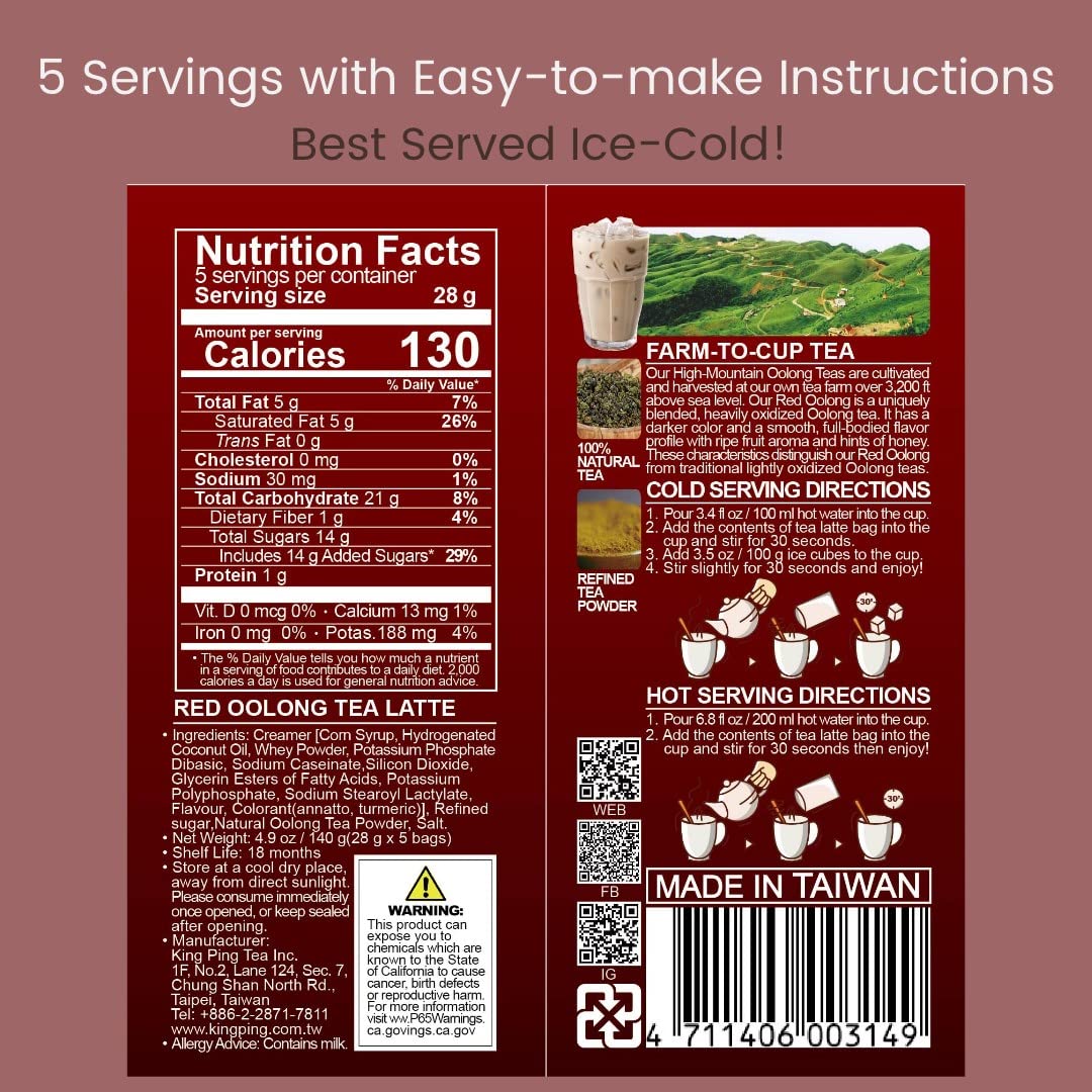 King Ping Best Tea - Tea Latte Milk Kit, 5 Individual Milk Tea Powder Packets, 100 Percent Natural Ingredients (5 Servings)