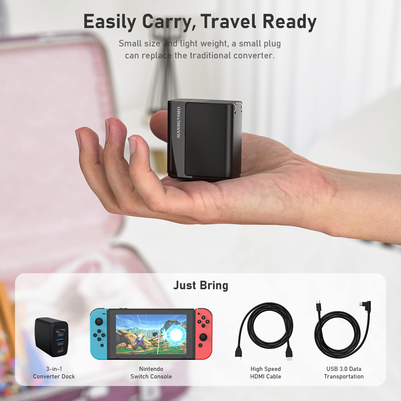 MANMUVIMO Switch Dock Charger HDMI Adapter for Nintendo Switch/OLED, Switch Docking Station Replacement for Original Dock Set, Portable 30W High-Speed with USB 3.0 Port, USB-C to USB-C Cable(Black)