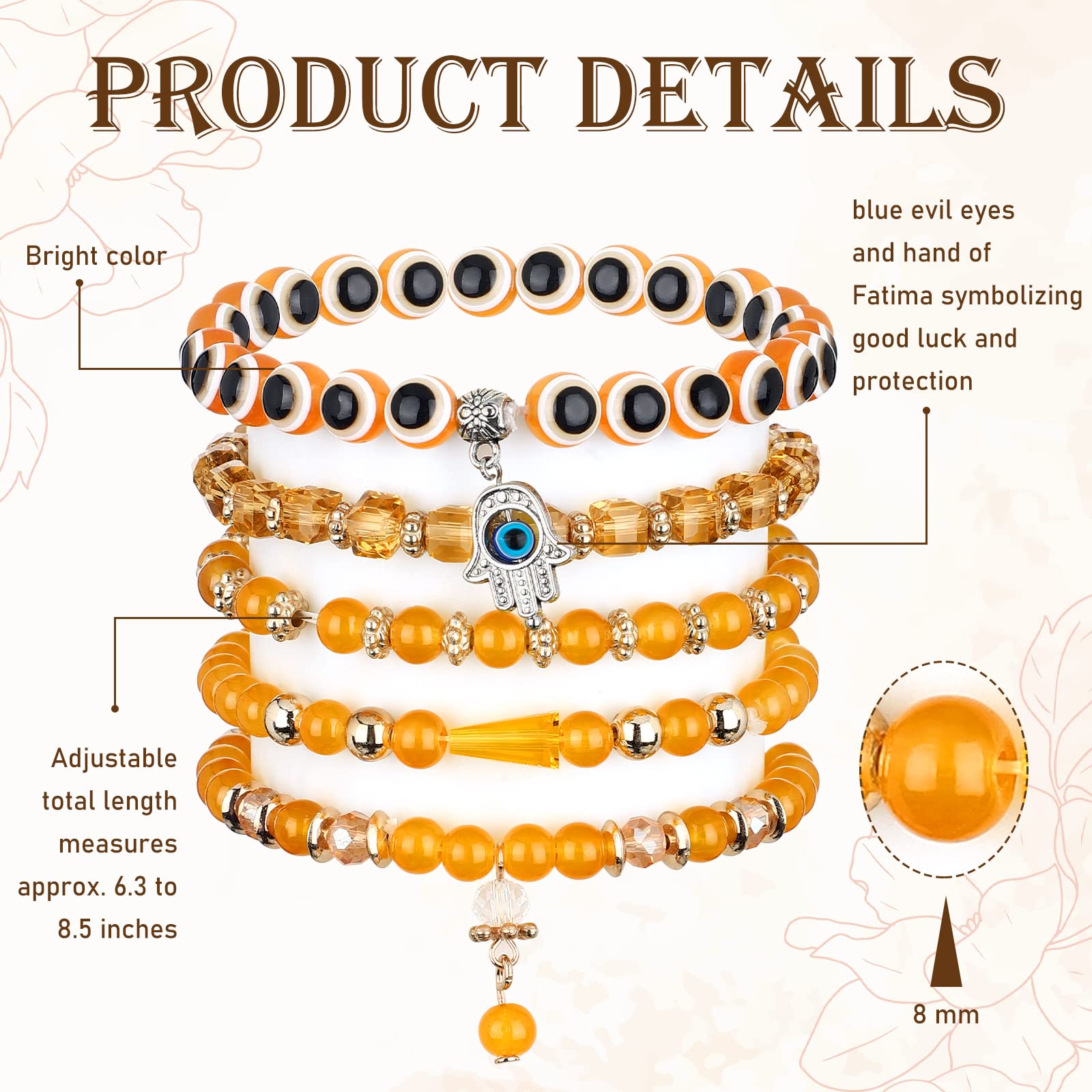 Kingdder 4 Sets Evil Eye Bracelet Multilayer Evil Eye Hamsa Hand Bracelet Lucky Evil Eye Bracelet Stackable Stretch Beads Bracelets Multicolor Crystal Beaded Lucky Protection Strand Bracelet Set