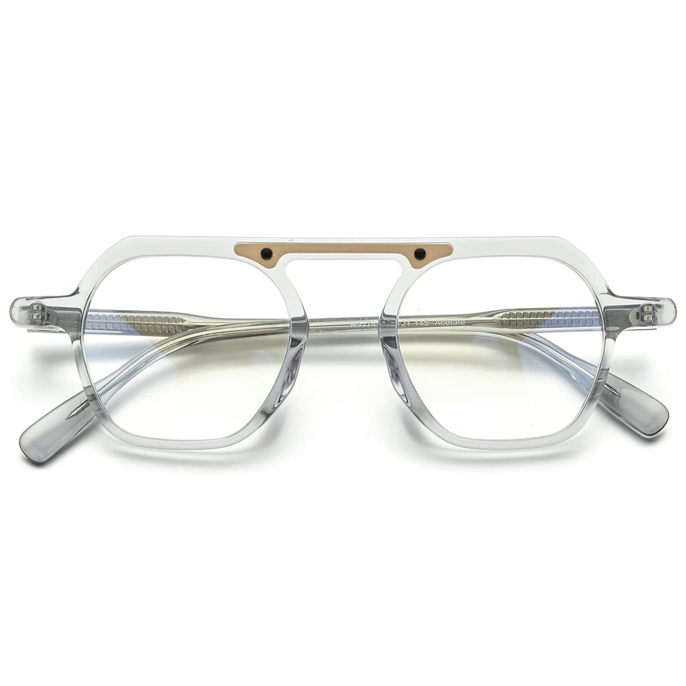 HEPIDEM Acetate Glasses Men,Vintage Retro Polygon Square Spectacles Myopia Optical Eyeglasses Frame (9174 Transparent Grey)