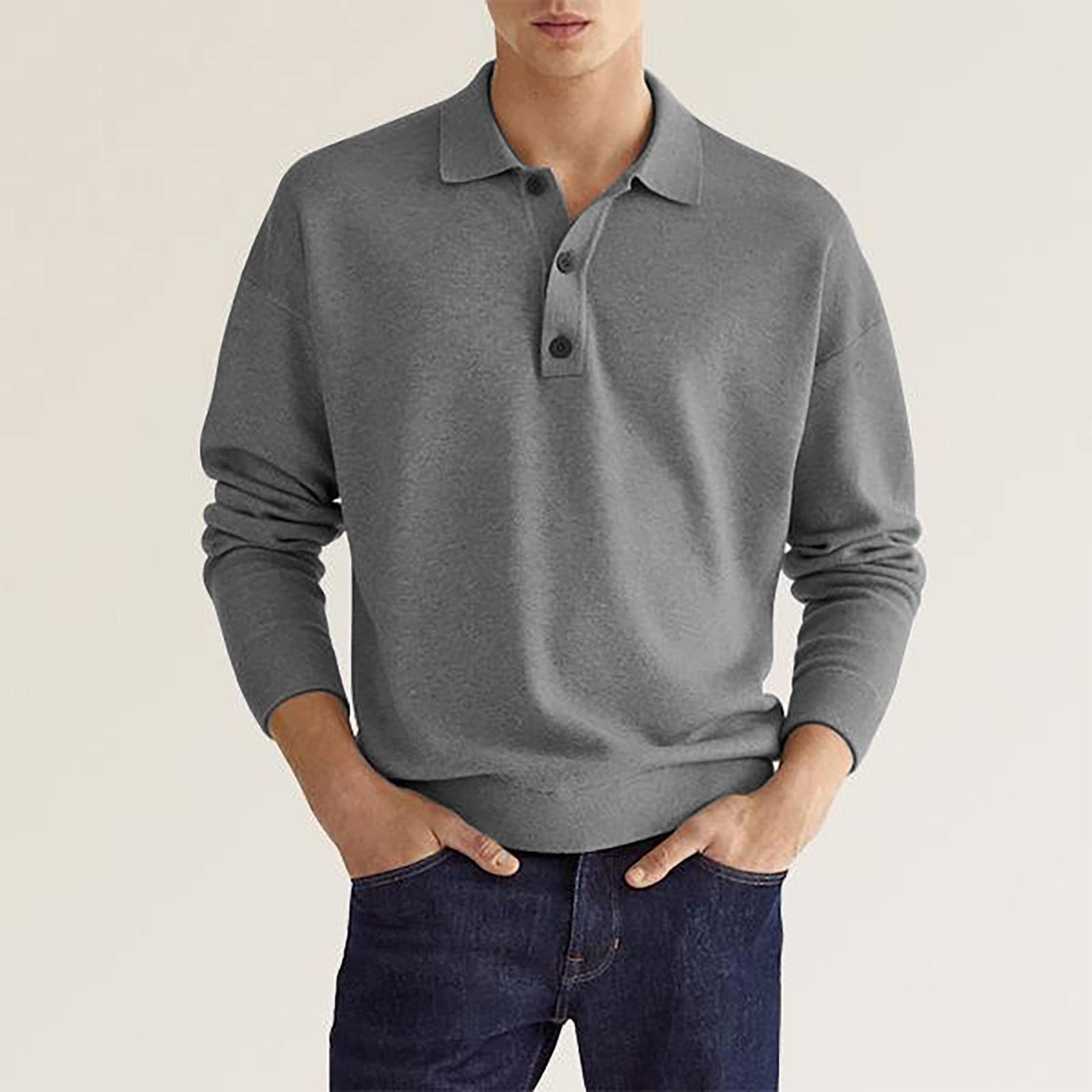 Mens Henry Shirt,Polo Shirts Fashion Lapel Button Long-Sleeve T-Shirt Tops for Men Solid Pullover Business Polo Shirt Gray