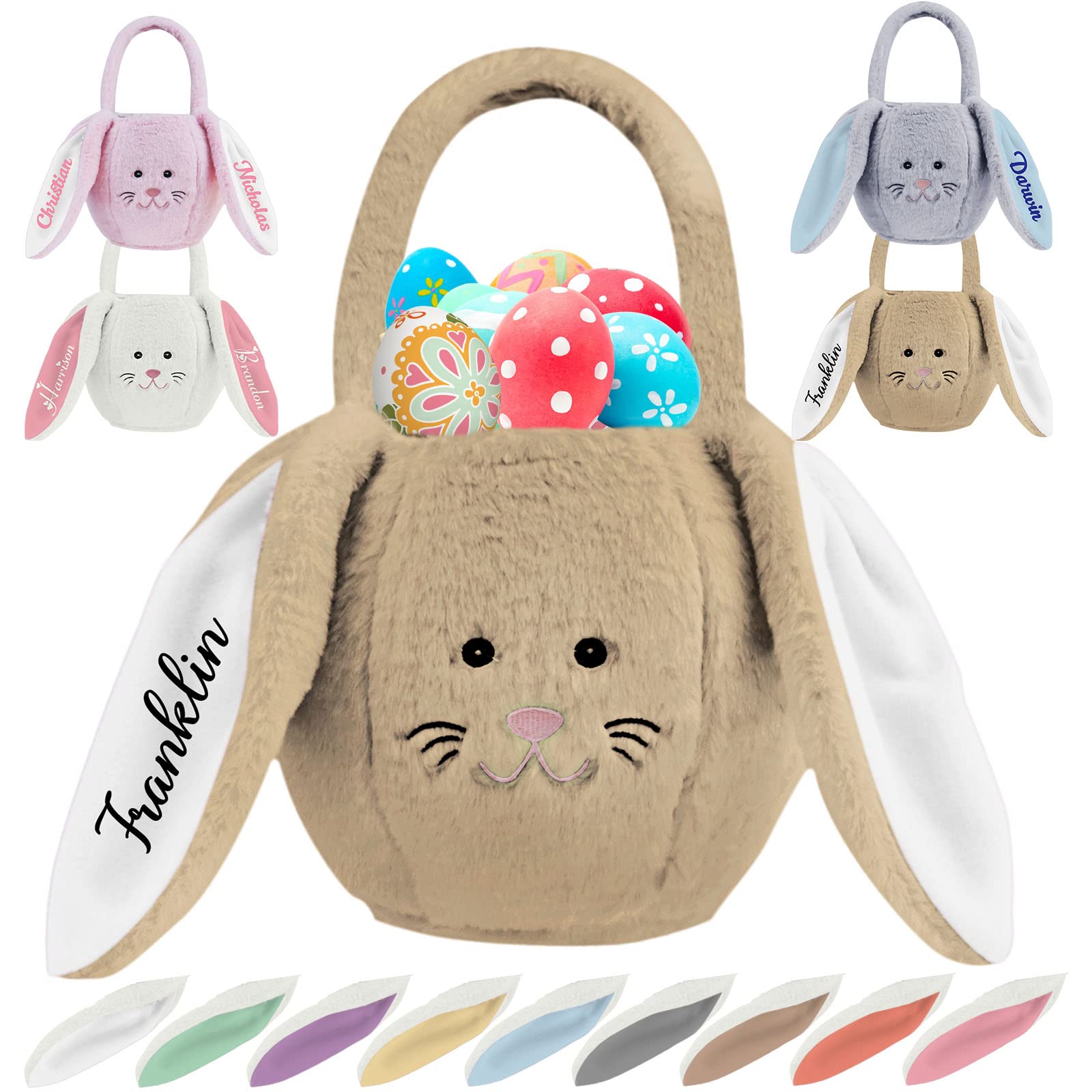 Personalized Easter Buckets with Name Custom Plush Buny Easter Basket with Handle Long Ears, Customized Egg Hunting Bags Easter Gift for Boys Girls, Easter Tote Bag for Candy(Brown)