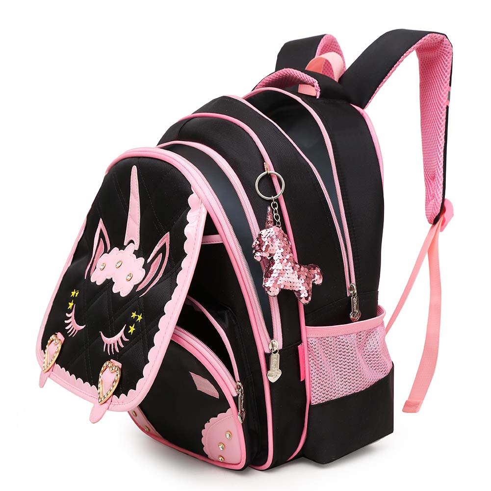 Hasp Cute Unicorn Face Diamond Sequins Waterproof Princess School Backpack Girls Book Bag (Black)