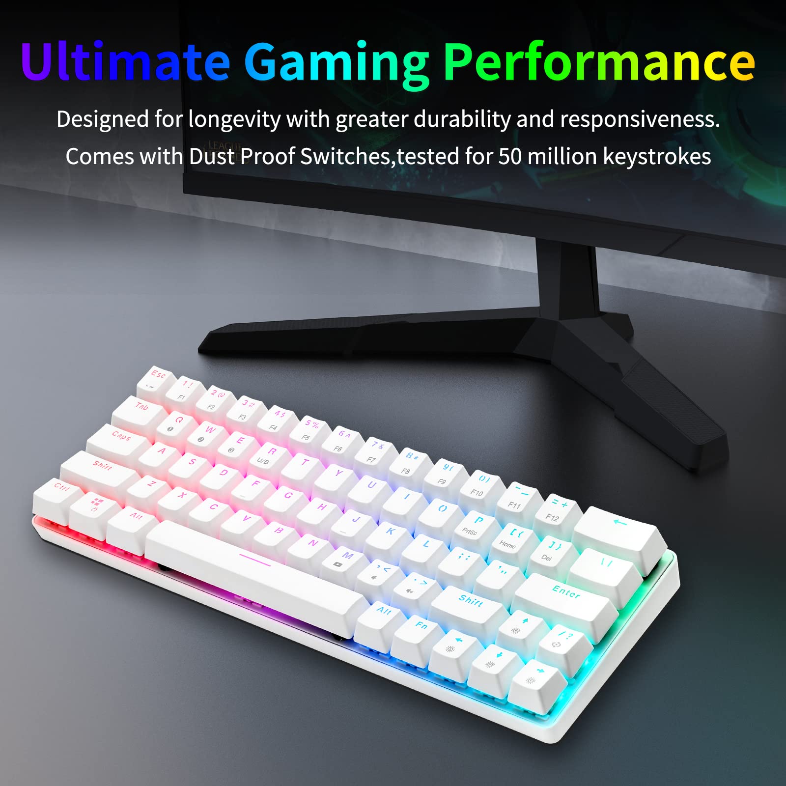 HUO JI Wireless Mechanical Gaming Keyboard, RGB Backlit, Bluetooth 5.0, Red Switches, CQ63 60% Compact 63 Keys Wired Keyboard for PC Tablet Laptop Cell Phone, White