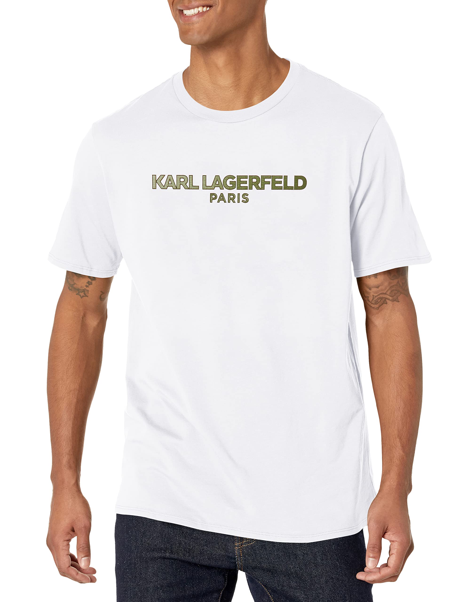 Karl Lagerfeld Paris Men's Faux Embroidery Logo T-Shirt, White, X-Large